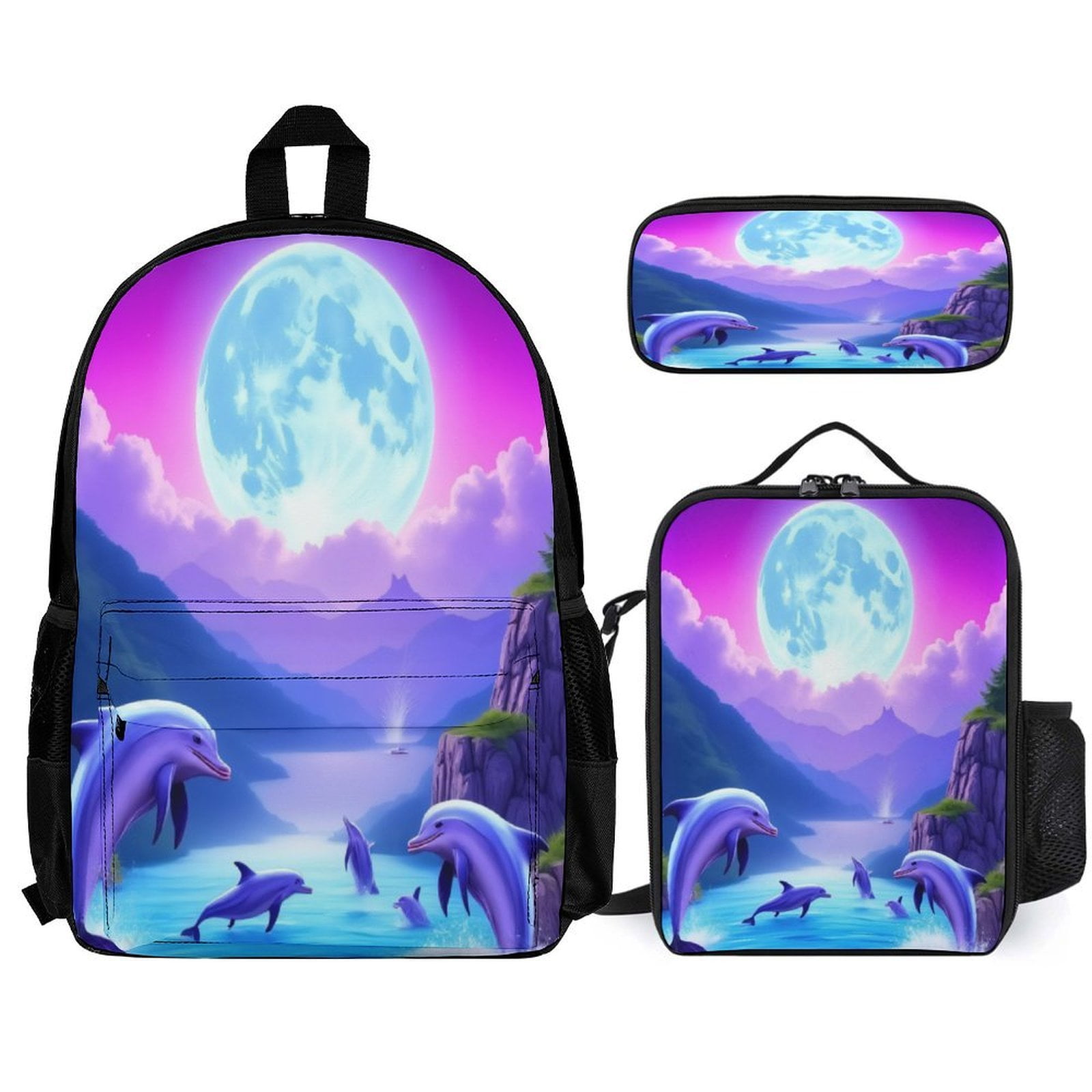 Dolphins Under A Full Moon Backpack Set 3 Piece for 17inch Lunch Bag ...