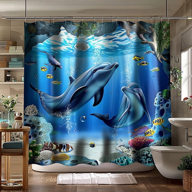 Dolphins Underwater Cave Bathroom Shower Curtain Hyper Realistic Design ...