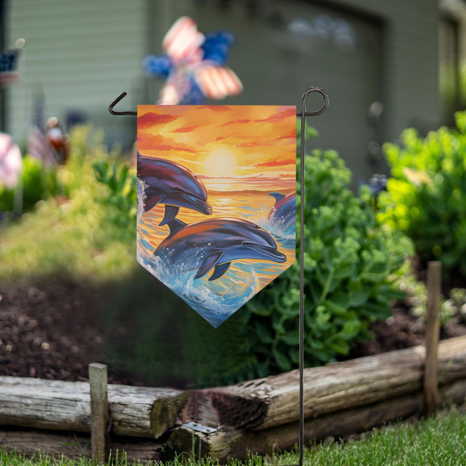 Dolphins Waves Sunlight Sea Garden Flag 18" x 12.5" Double Sided Yard ...
