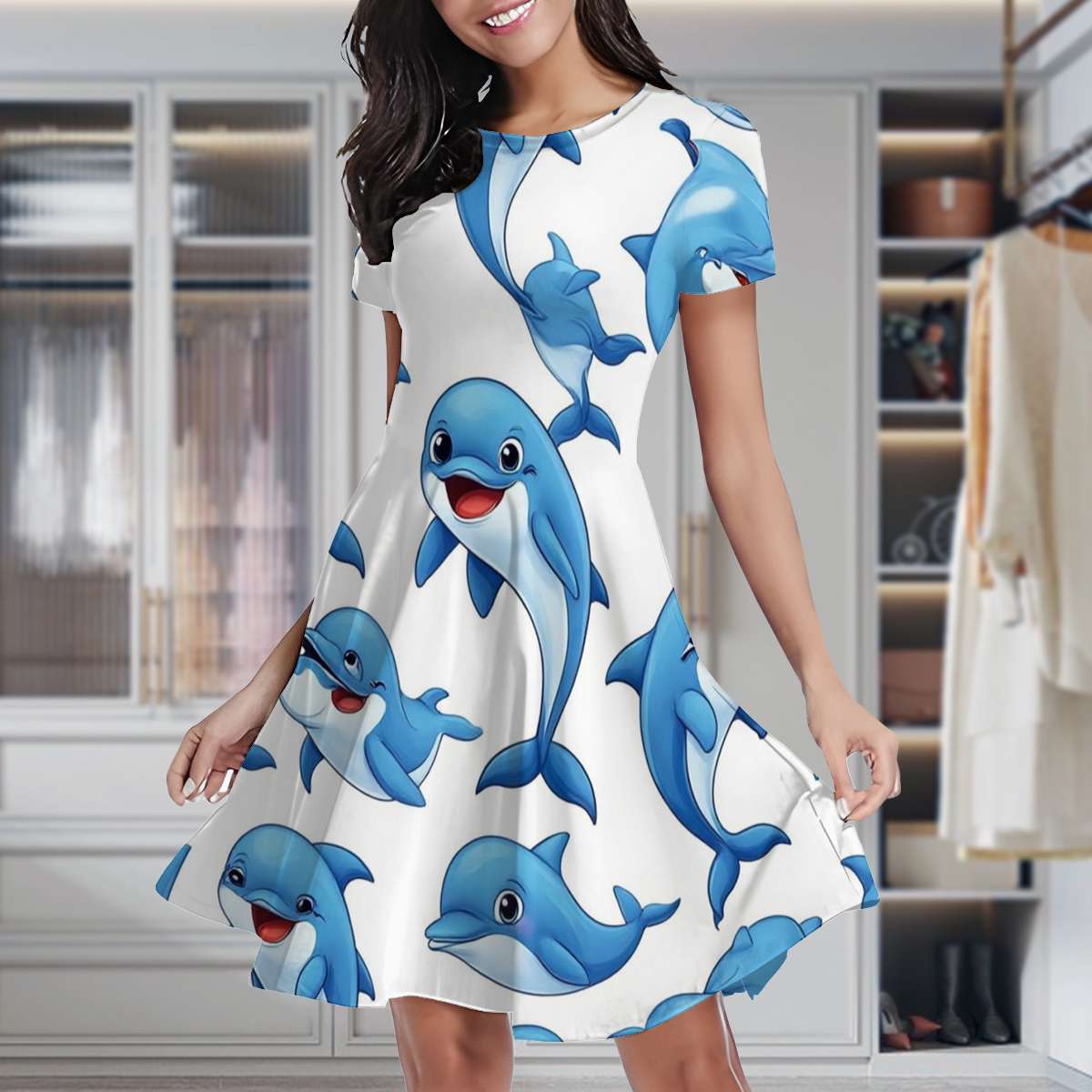 Dolphins Women's Classic Swing Skater Dress Casual Work Party Cocktail ...