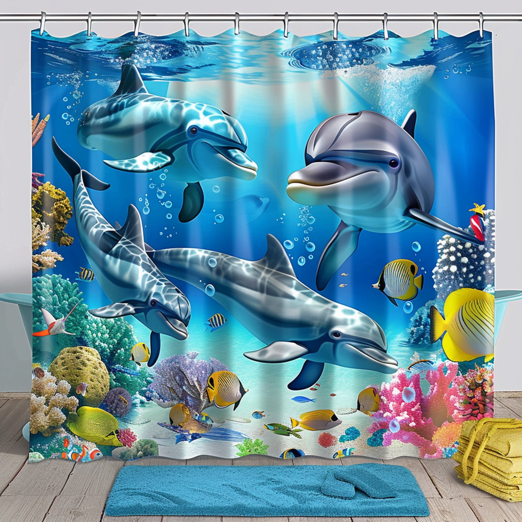 Dolphins and Fish Bathroom Set: Ultra Realistic Ocean Scene with Cute ...
