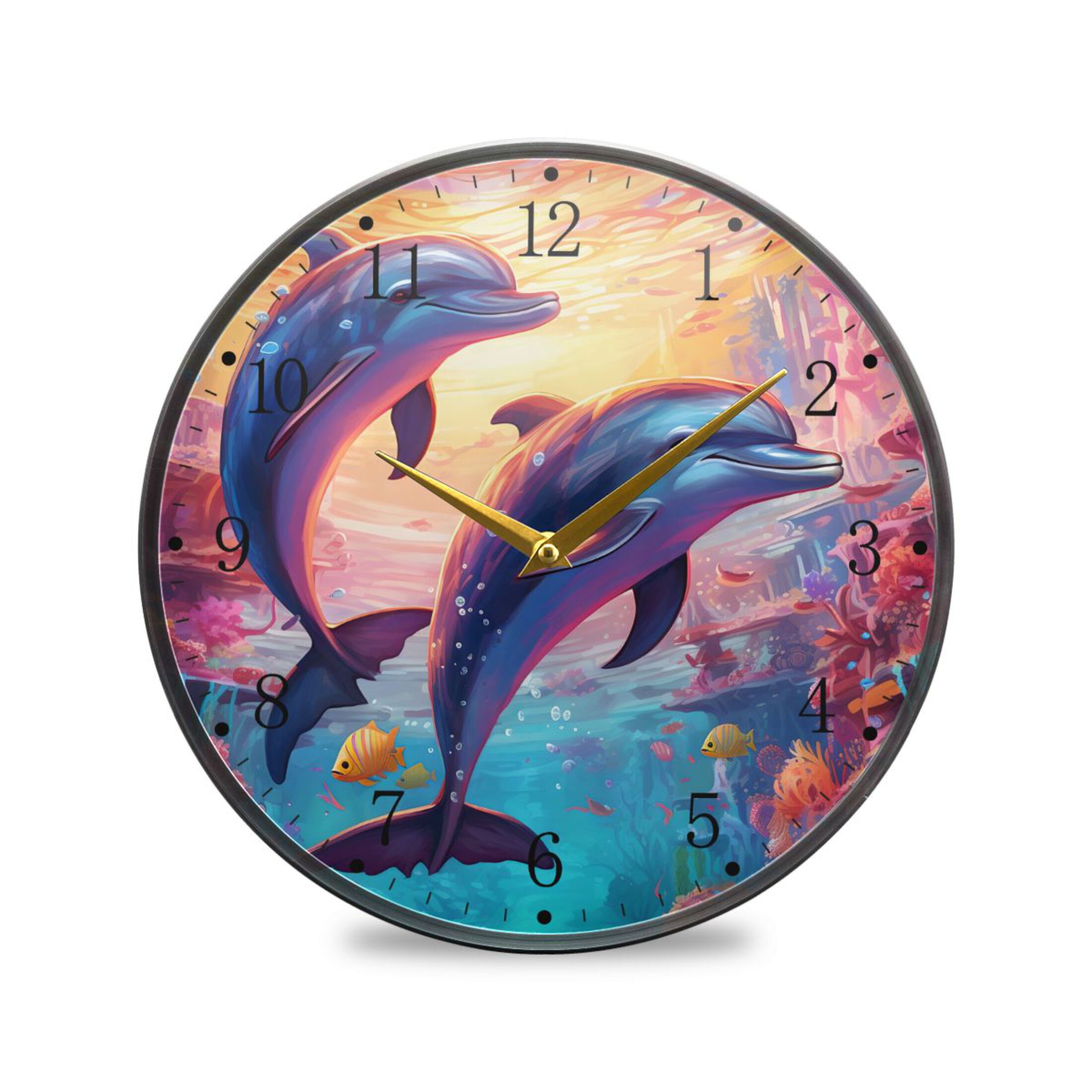 Dolphins and Fishes Acrylic Wall Clocks Quiet Round Clock Battery ...