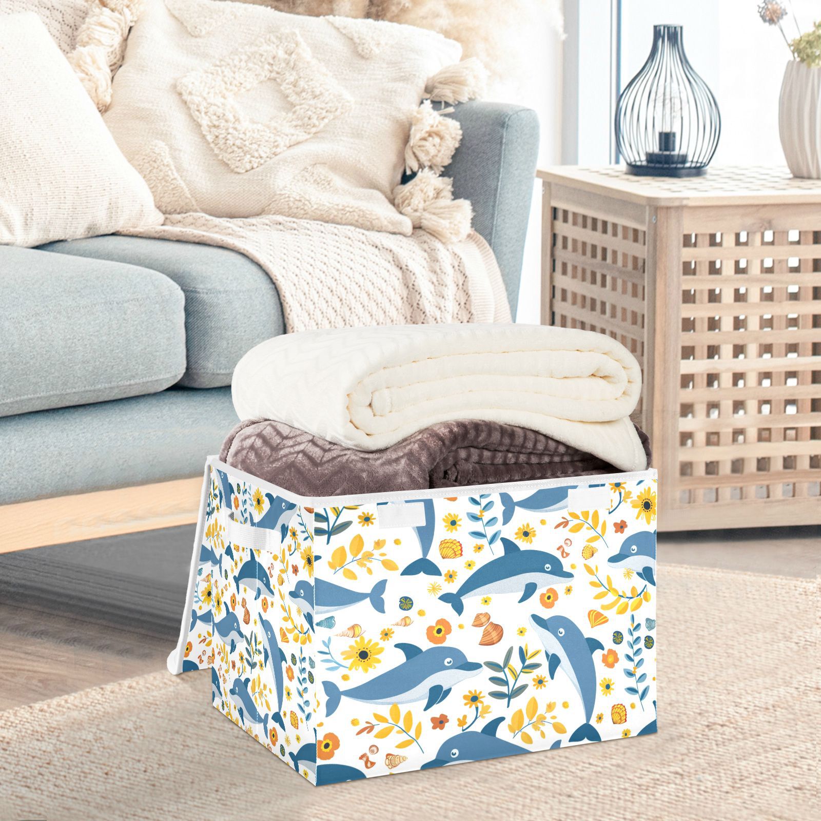 Dolphins and Flowers Storage Basket Foldable Laundry Basket Shelf Kids ...