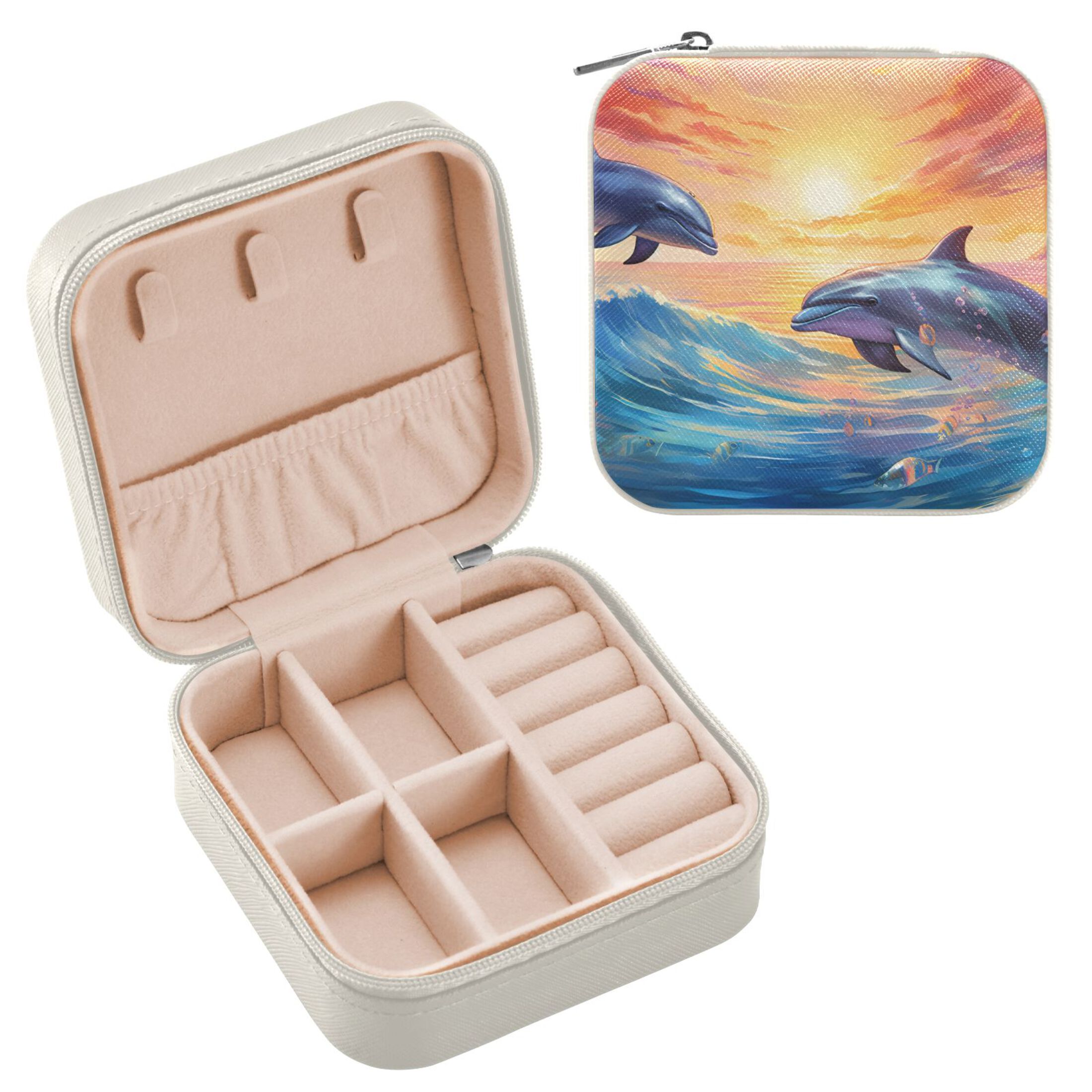 Dolphins and Waves Jewelry Travel Case Leather Women Girl Zipper Mini ...