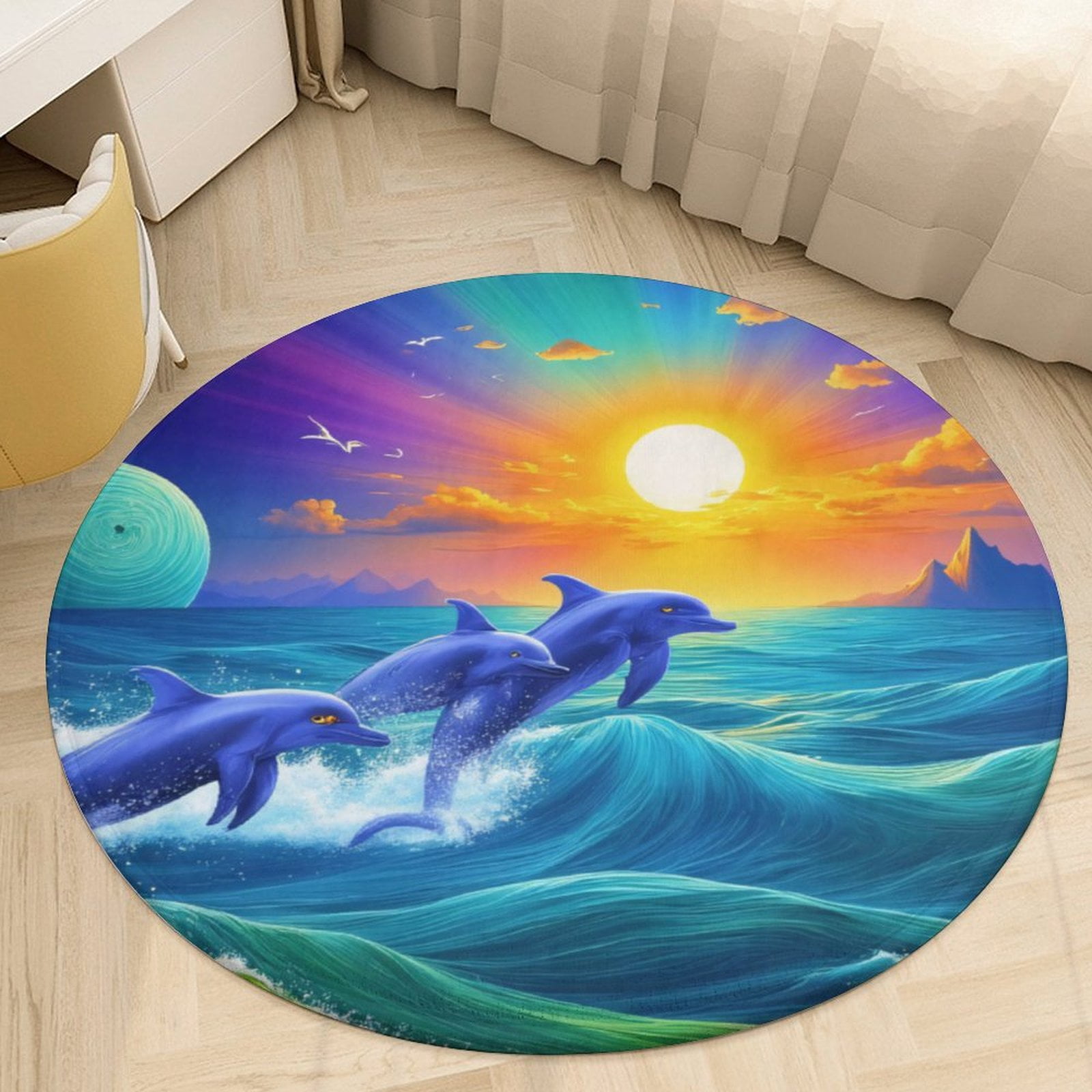 Dolphins at Sunset Ocean Scene Round Area Rugs for Bedroom Living Room ...