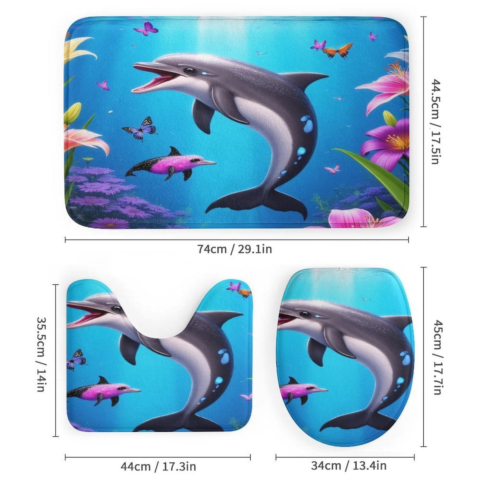 Dolphins in A Floral Underwater Scene Bathroom Mats Sets 3 Piece, Bath ...