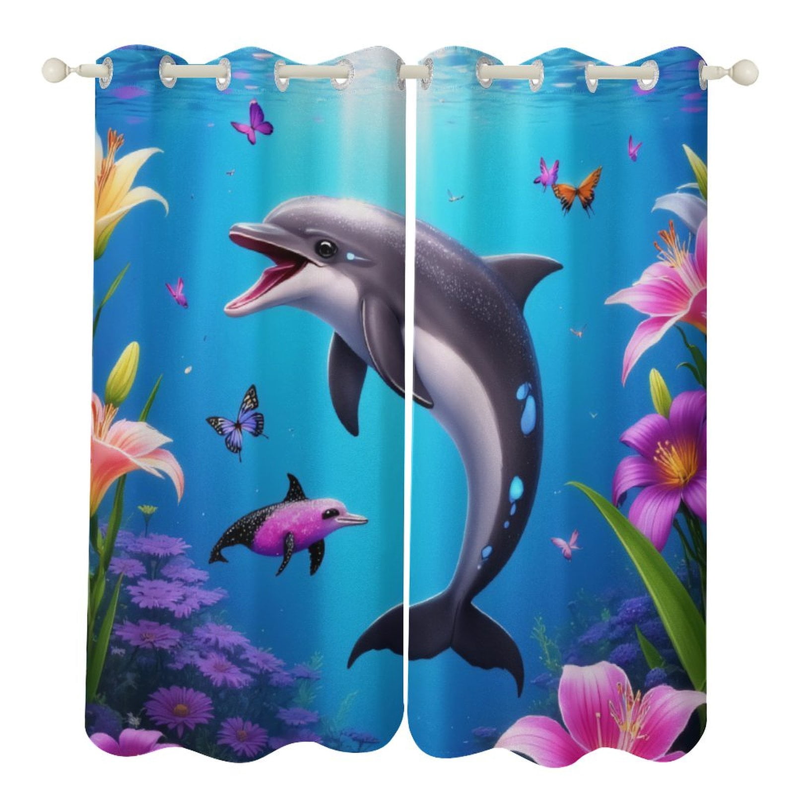 Dolphins in A Floral Underwater Scene Blackout Window Curtains for ...