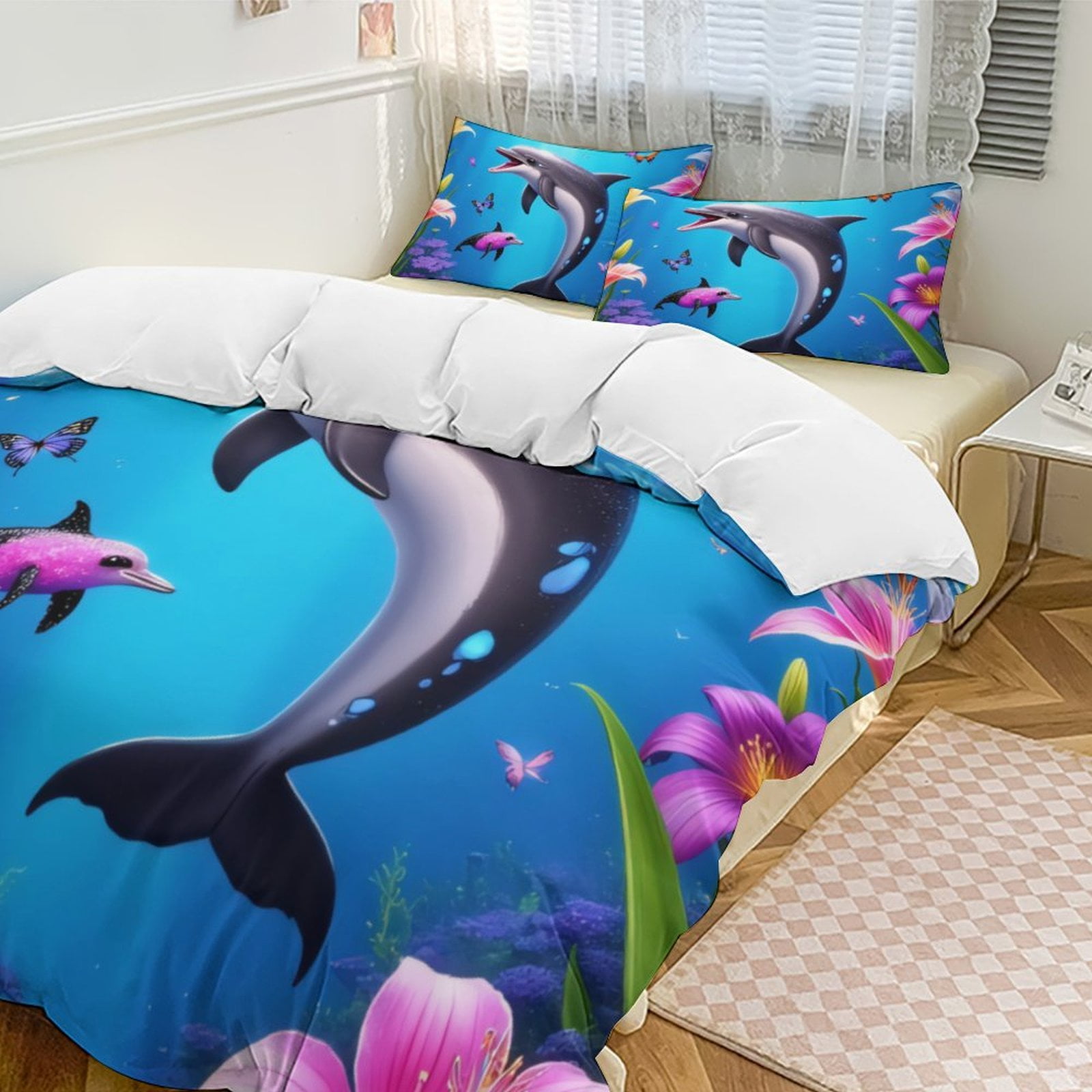 Dolphins in A Floral Underwater Scene Duvet Cover Set Themed Multicolor ...