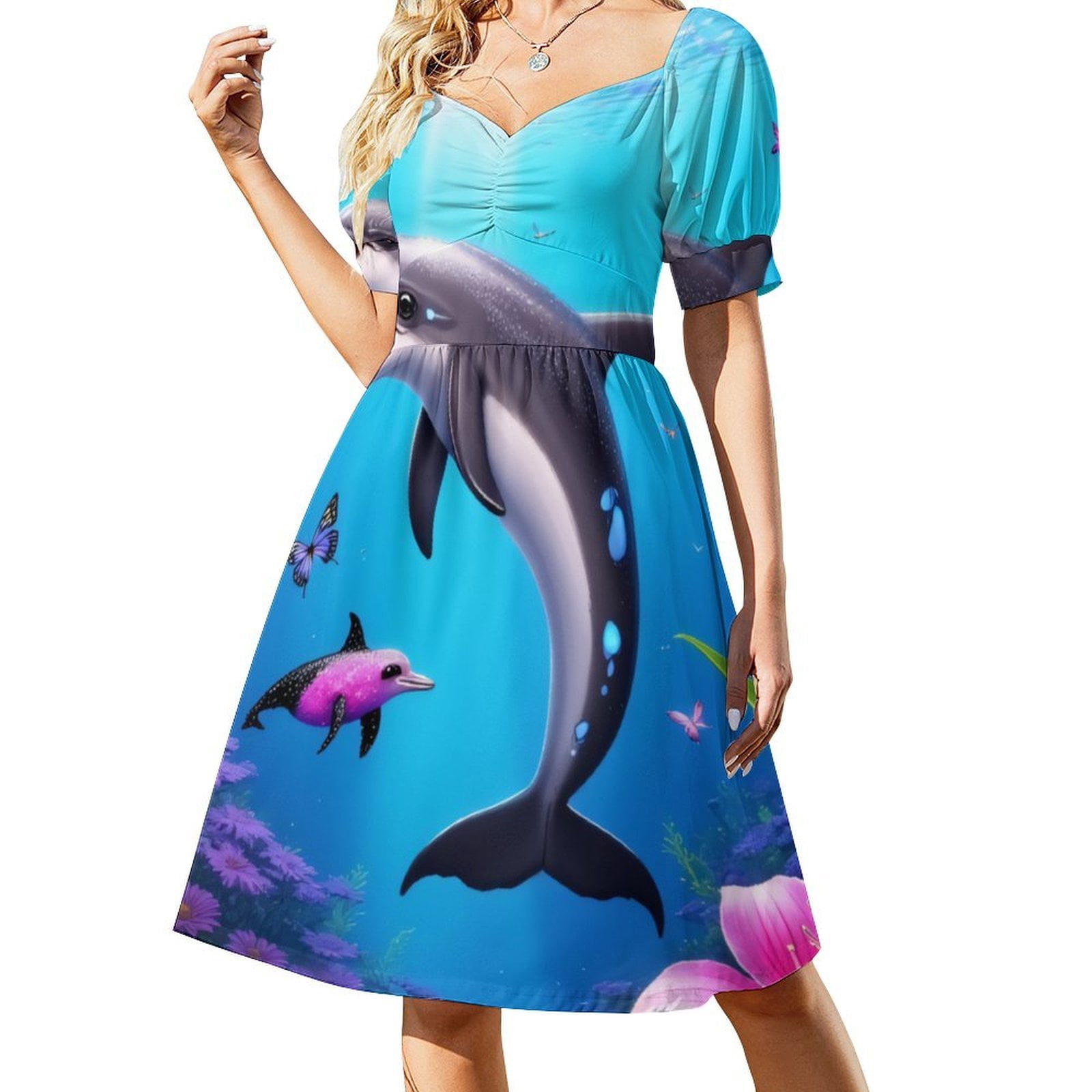 Dolphins in A Floral Underwater Scene Summer Women's Dress 2025 Elegant ...