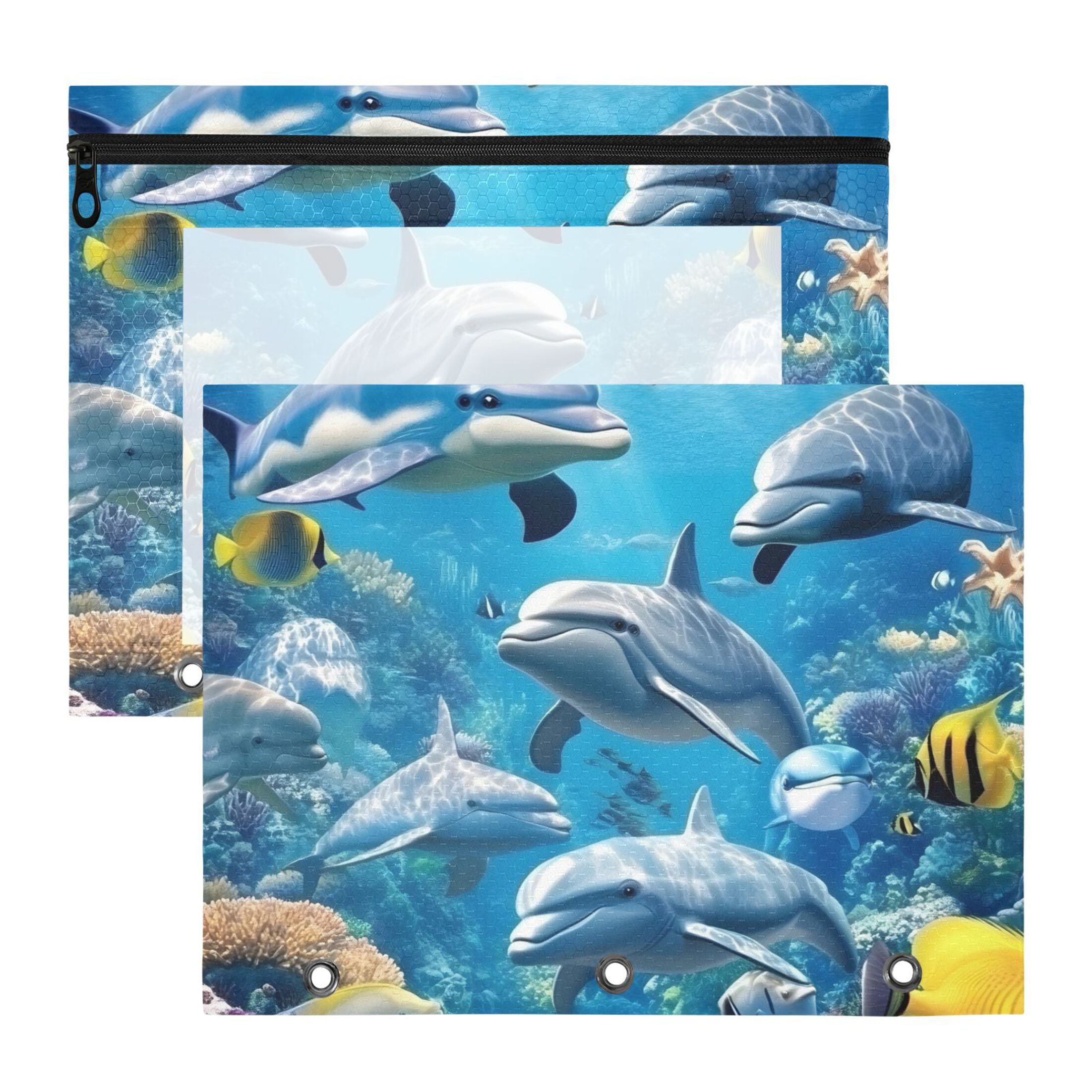 Dolphins in The Sea 3-Ring Binder Pouches A4 Size Zipper Pocket File ...