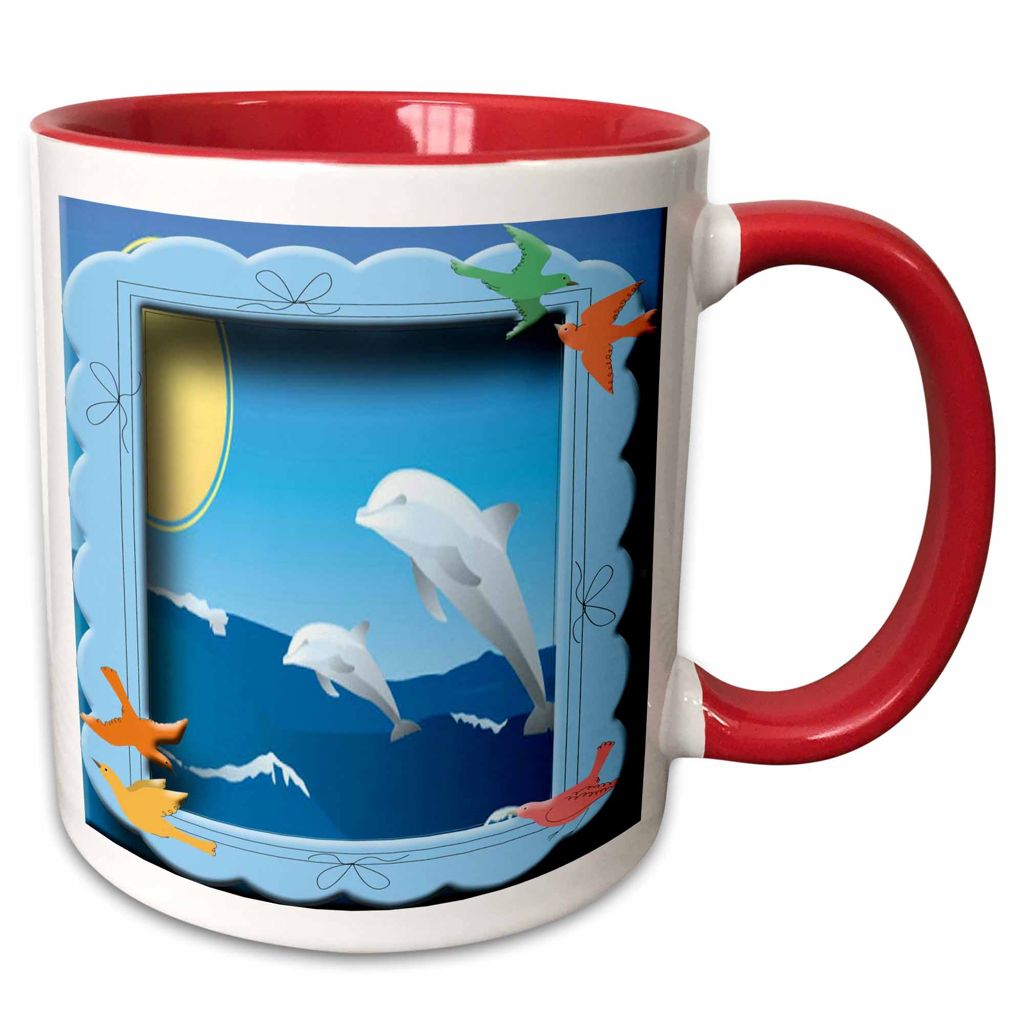 Dolphins jump into the ocean with the sun and pretty frame with fish jumping in blues 15oz Two ...