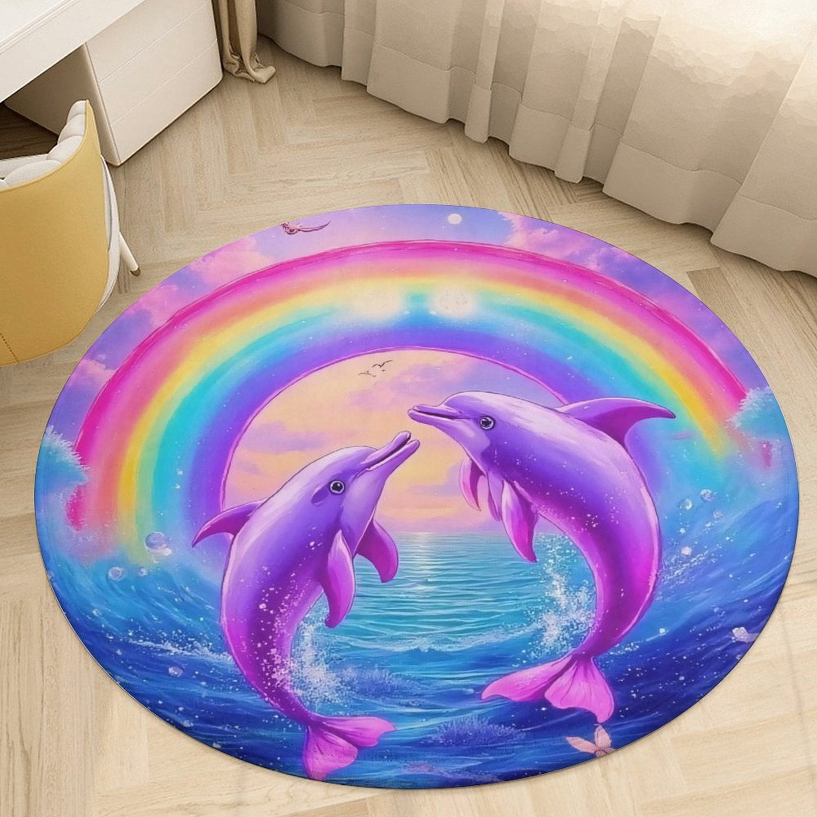 Dolphins with Rainbow Ocean Scene Round Area Rugs for Bedroom Living ...