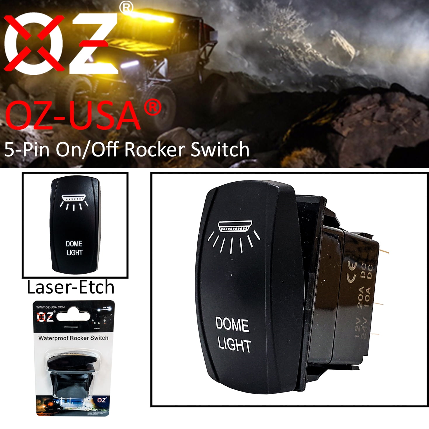 Dome Light On/Off Rocker Switch 5-Pin SPST OZ-USA® Laser Blue LED Truck ...