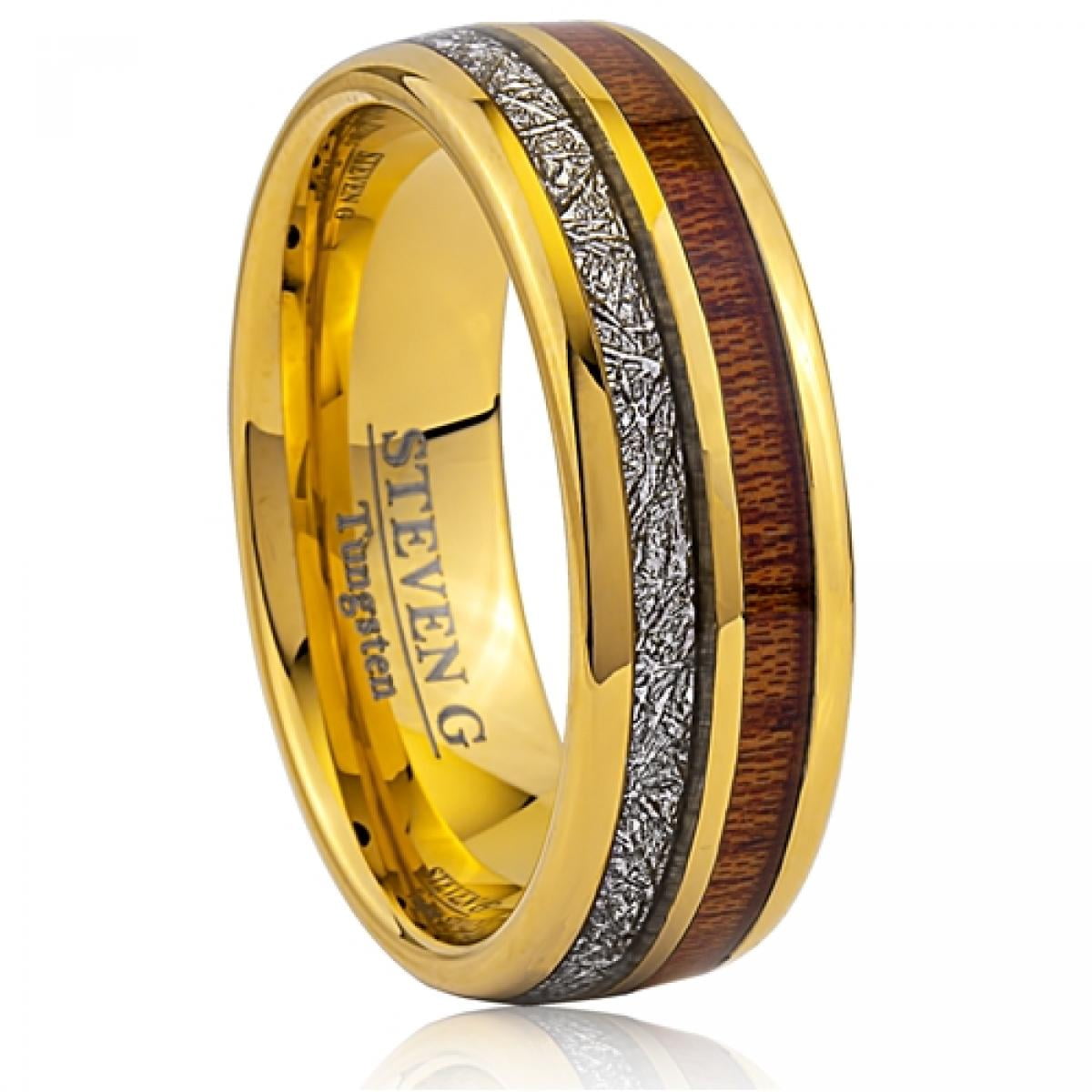 Domed Ip Gold Plated With Koa Wood And Man-Made Meteorite Inlay Ring ...