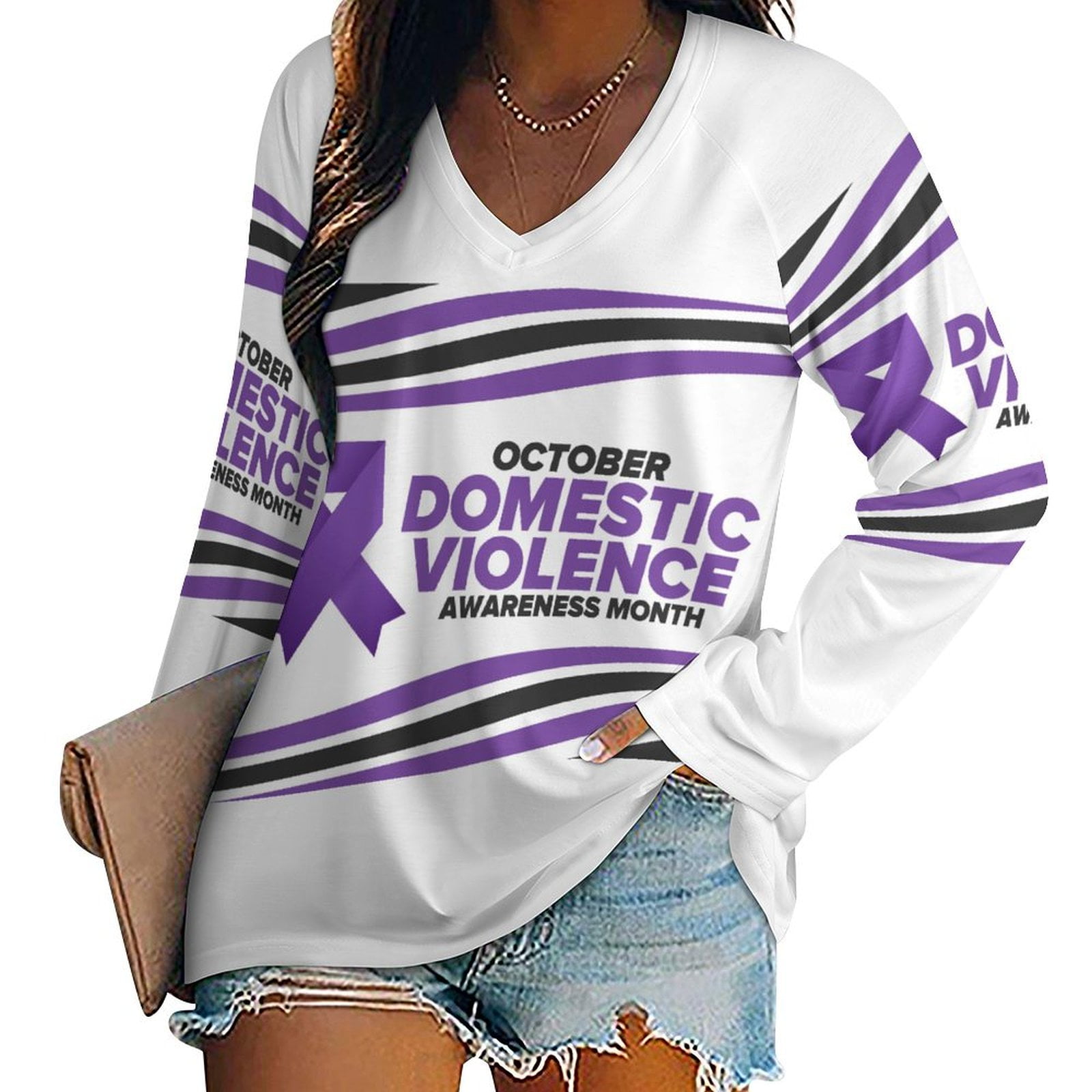 Domestic Violence Awareness Month Purple Ribbon Women's Long Sleeve Shirts Casual V Neck Tops ...