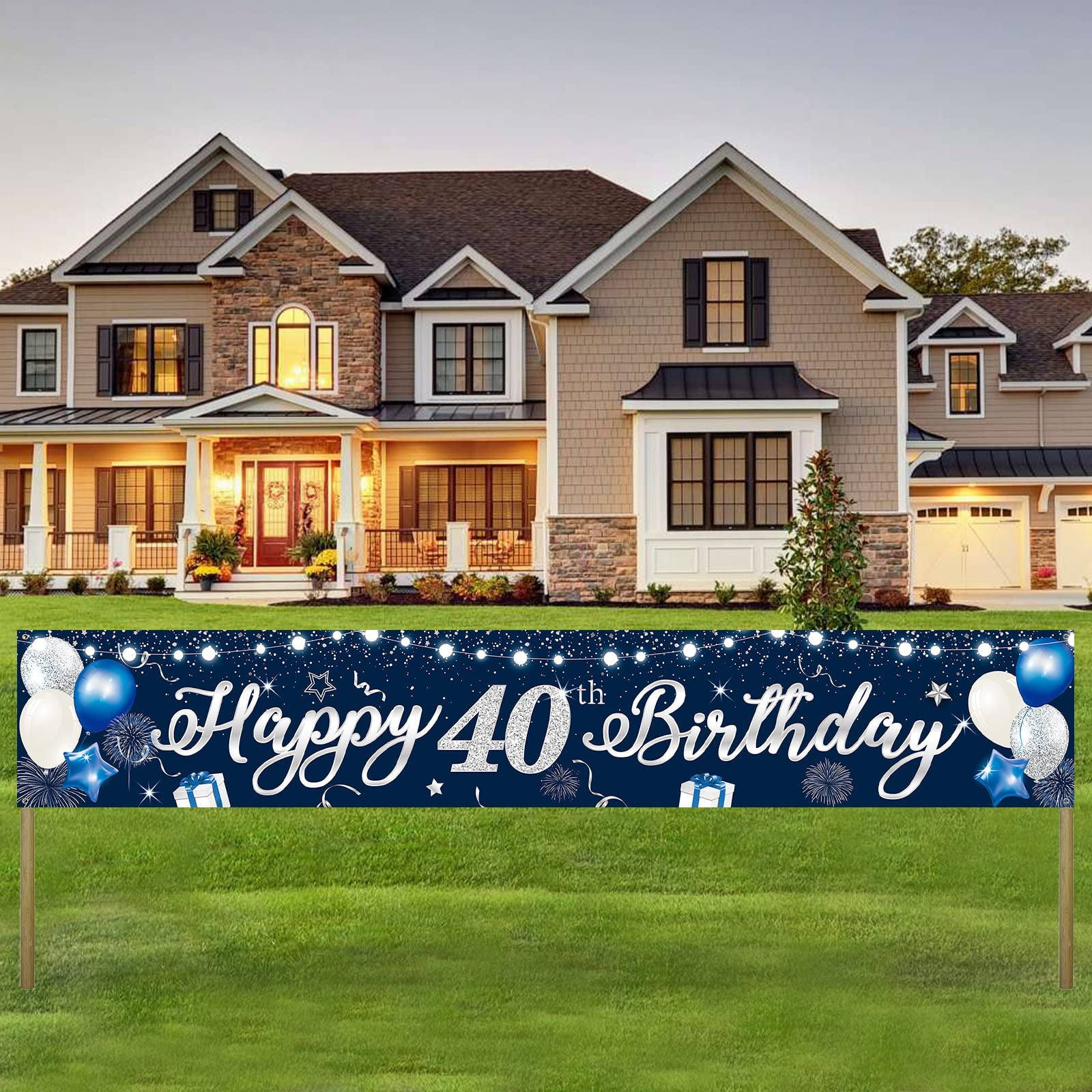 Domgoge Happy 40th Birthday Decoration Banner Large Blue and Silver ...