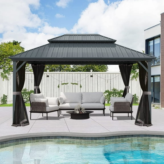 Domi 12'x14' Hardtop Aluminum Gazebo with Steel Gable Canopy for Patios ...