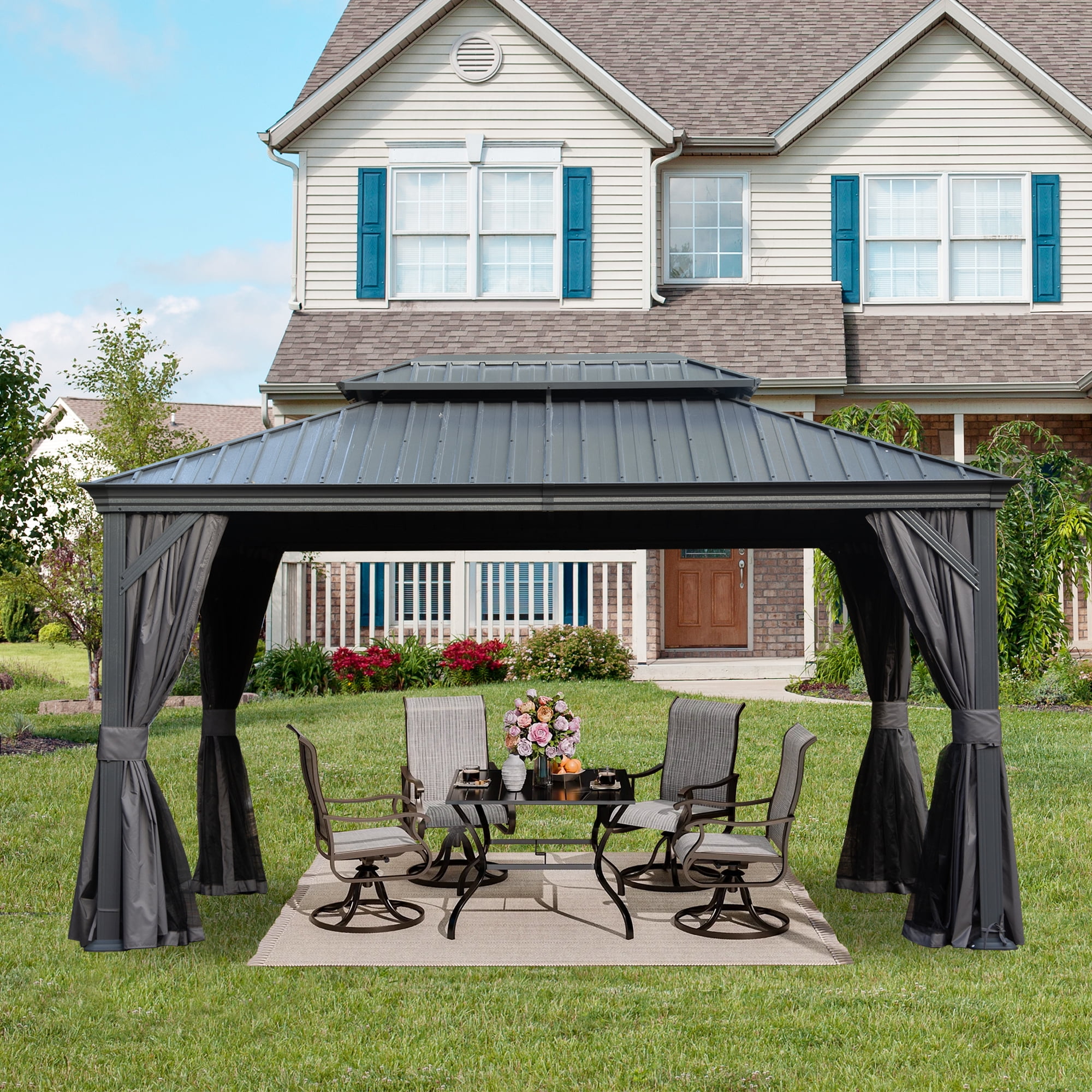 Domi 10' X 14' Permanent Gazebo Pavilion, Metal Hardtop Gazebo with ...