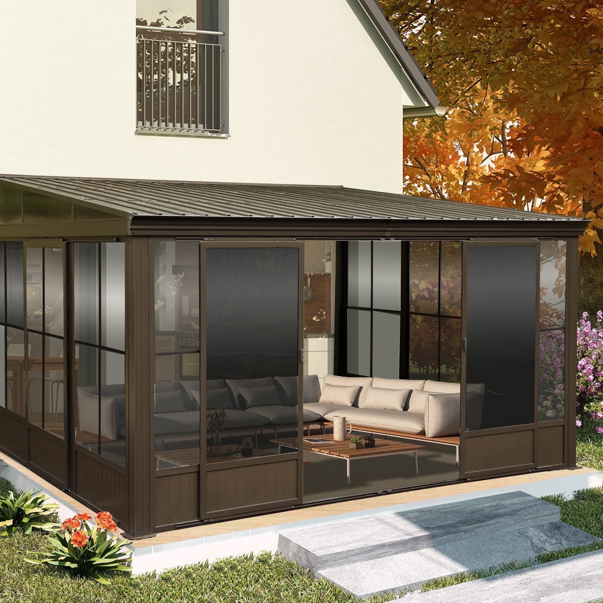 Domi 10‚Äô x 12‚Äô Sunroom, Wall Mounted Gazebo with Front Door ...