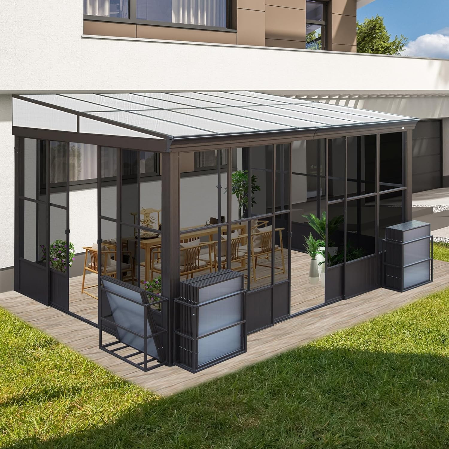 Domi 10x12FT Wall Mounted Sunroom, Outdoor Permanent Lean-to Solarium ...