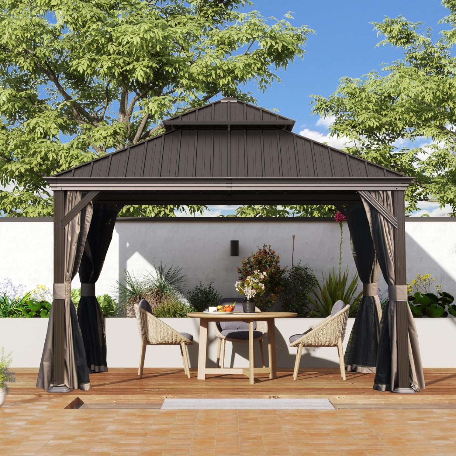 Domi 12' X 12' Permanent Gazebo Pavilion, Metal Hardtop Gazebo with Galvanized Steel Double Roof ...