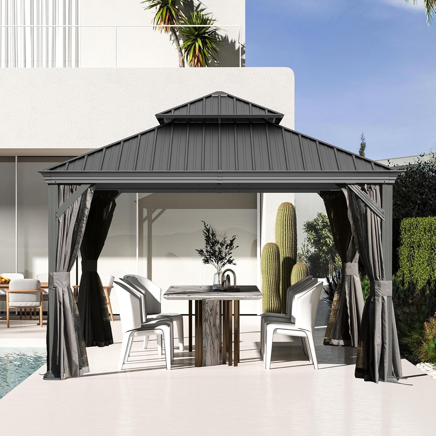 Domi 12' X 12' Permanent Gazebo Pavilion, Metal Hardtop Gazebo with ...