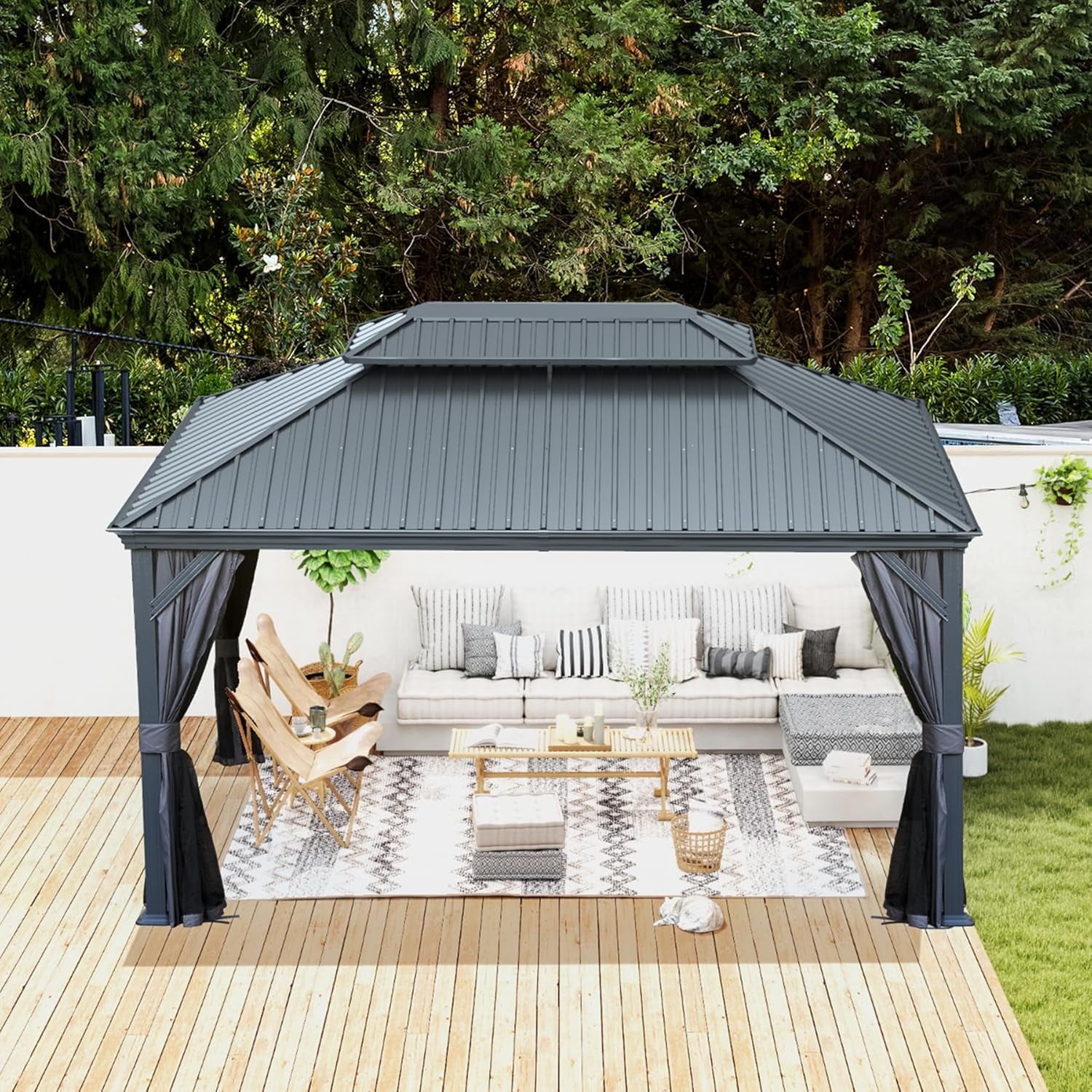 Domi 12' X 14' Permanent Gazebo Pavilion, Metal Hardtop Gazebo with ...