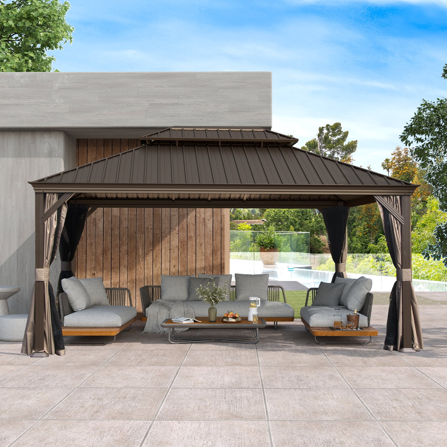 Domi 12' X 16' Permanent Gazebo Pavilion, Metal Hardtop Gazebo with ...