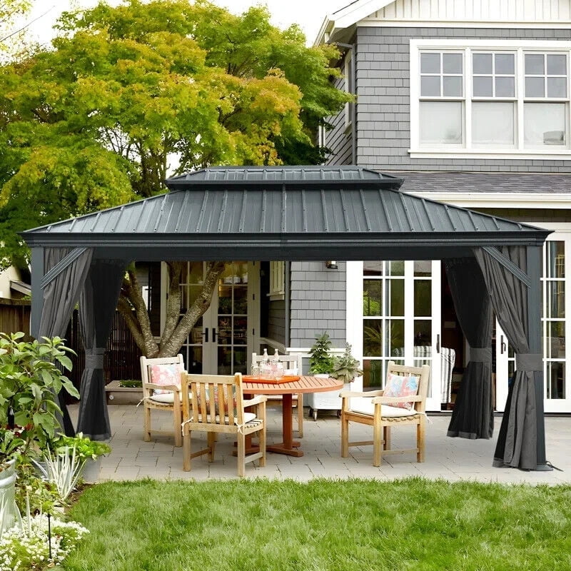 Domi 12' X 16' Permanent Gazebo Pavilion, Metal Hardtop Gazebo with ...