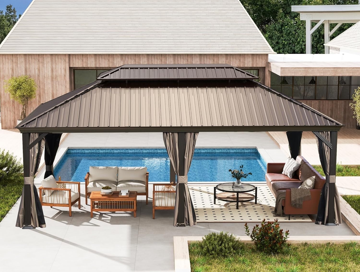 Domi 12' X 18' Permanent Gazebo Pavilion, Metal Hardtop Gazebo with ...