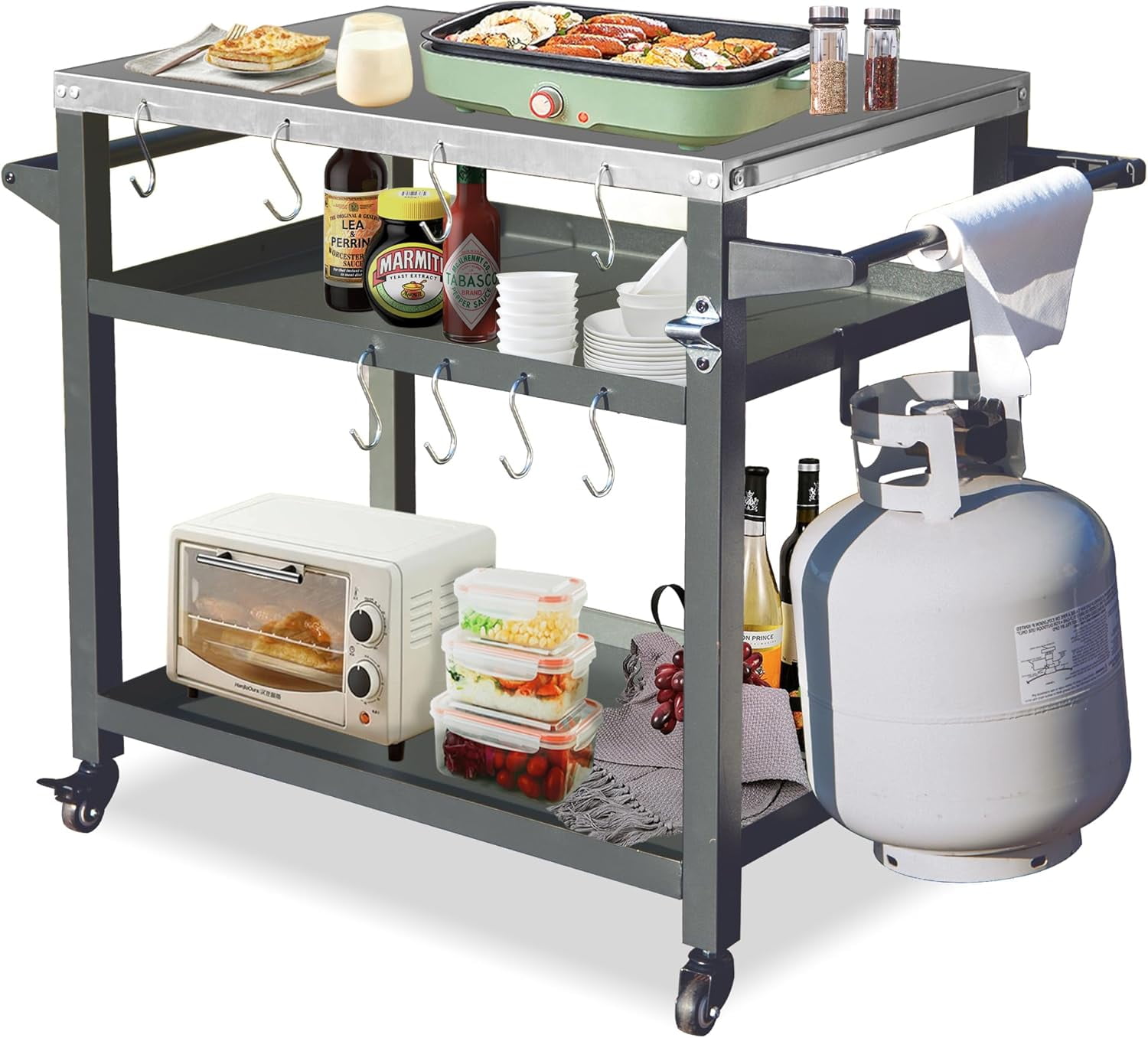 Domi 3-Shelf Outdoor Grill Table, Grill Cart Outdoor with Wheels, Pizza ...