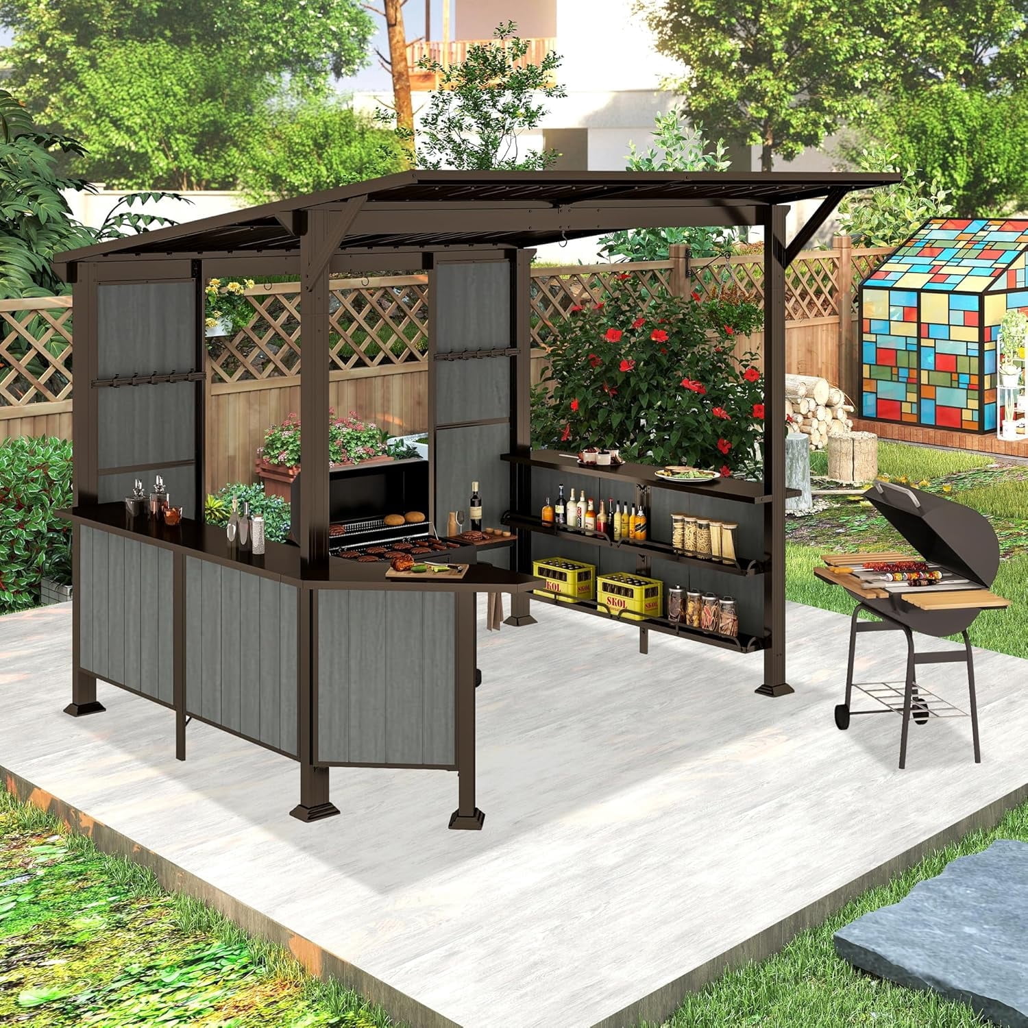 Domi 9x10 ft Hardtop Grill Gazebo, Metal BBQ Gazebo with Shelves and ...