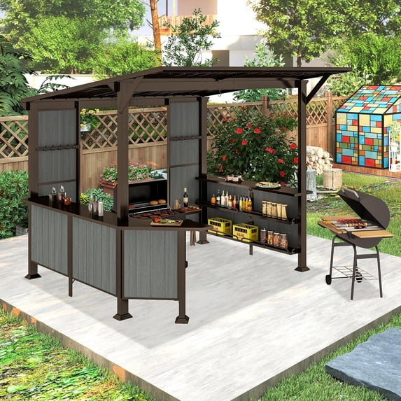 Domi 9x10 ft Hardtop Grill Gazebo, Metal BBQ Gazebo with Shelves and ...