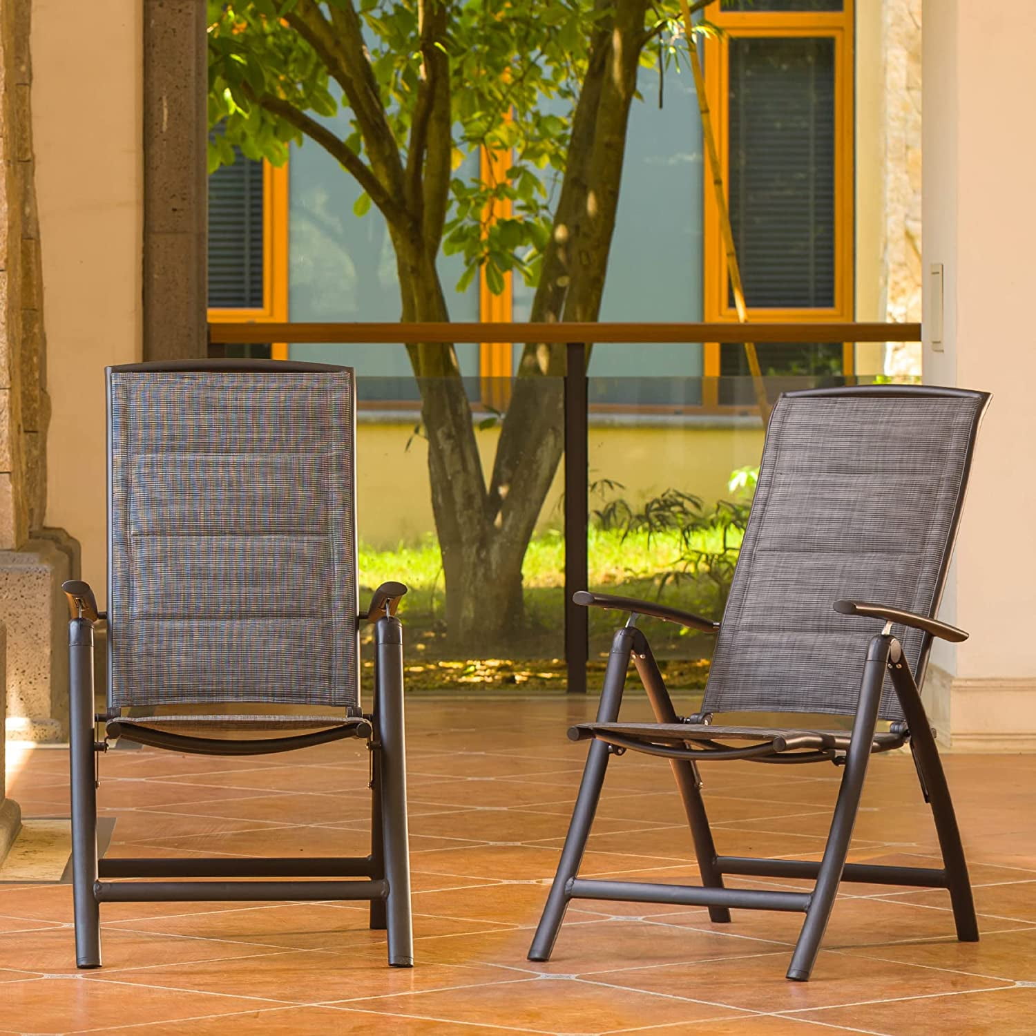 Domi Set of 2 Aluminium Folding Patio Chairs, Adjustable High Backrest ...