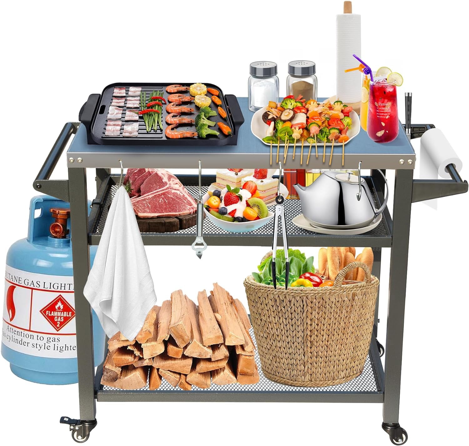 Domi Grill Cart Table, Outdoor Food Prep Table with 3 Storage Shelves ...