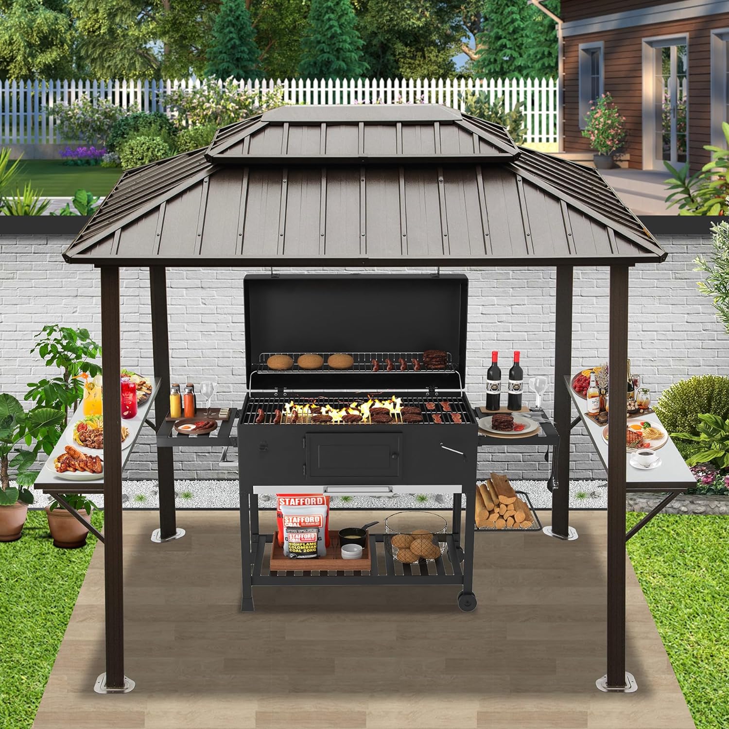 COBANA Outdoor BBQ Grill Gazebo 8'x5', Double Tiered Canopy, Steel ...