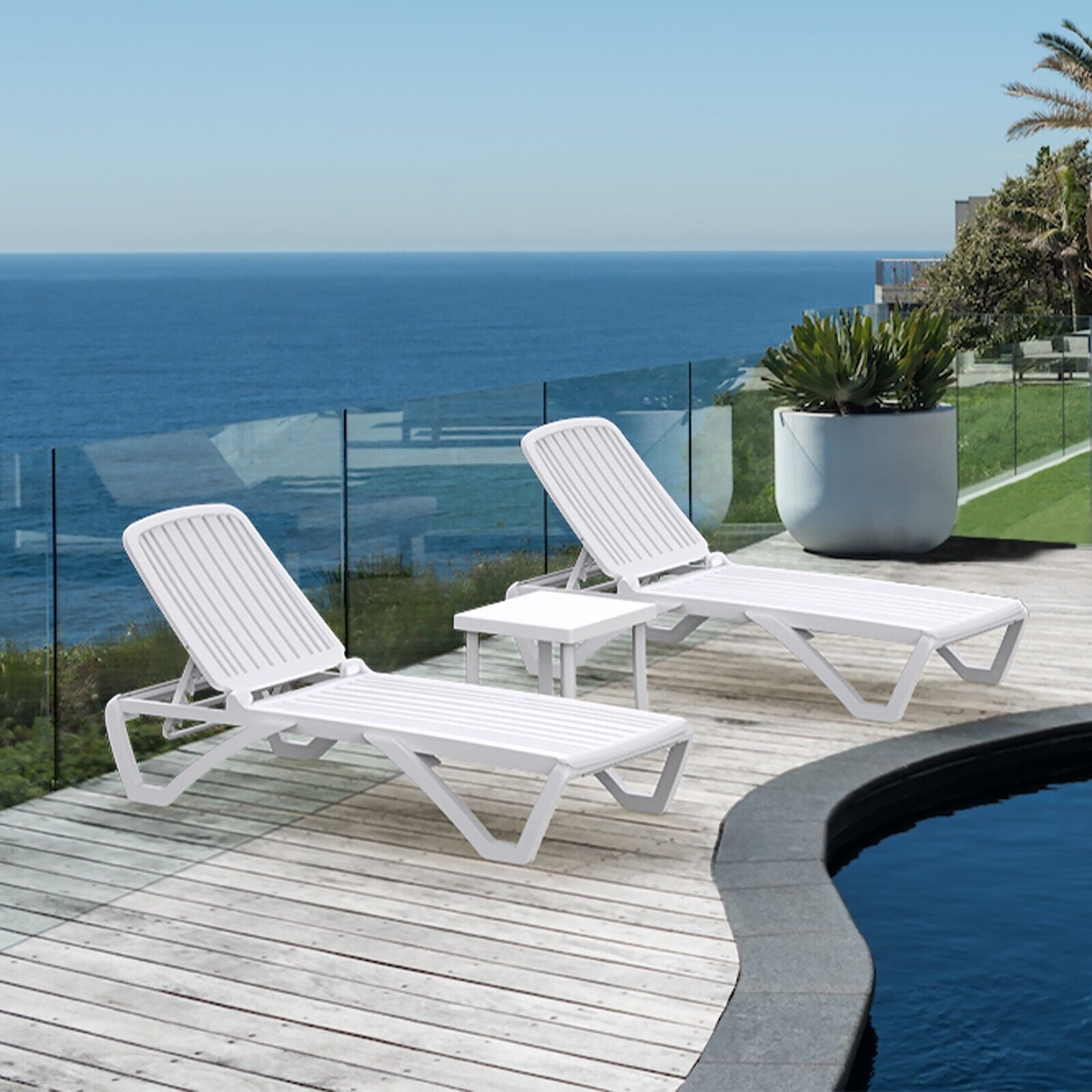 Domi Outdoor 3-piece White Poolside Loungers Set with Adjustable Back ...