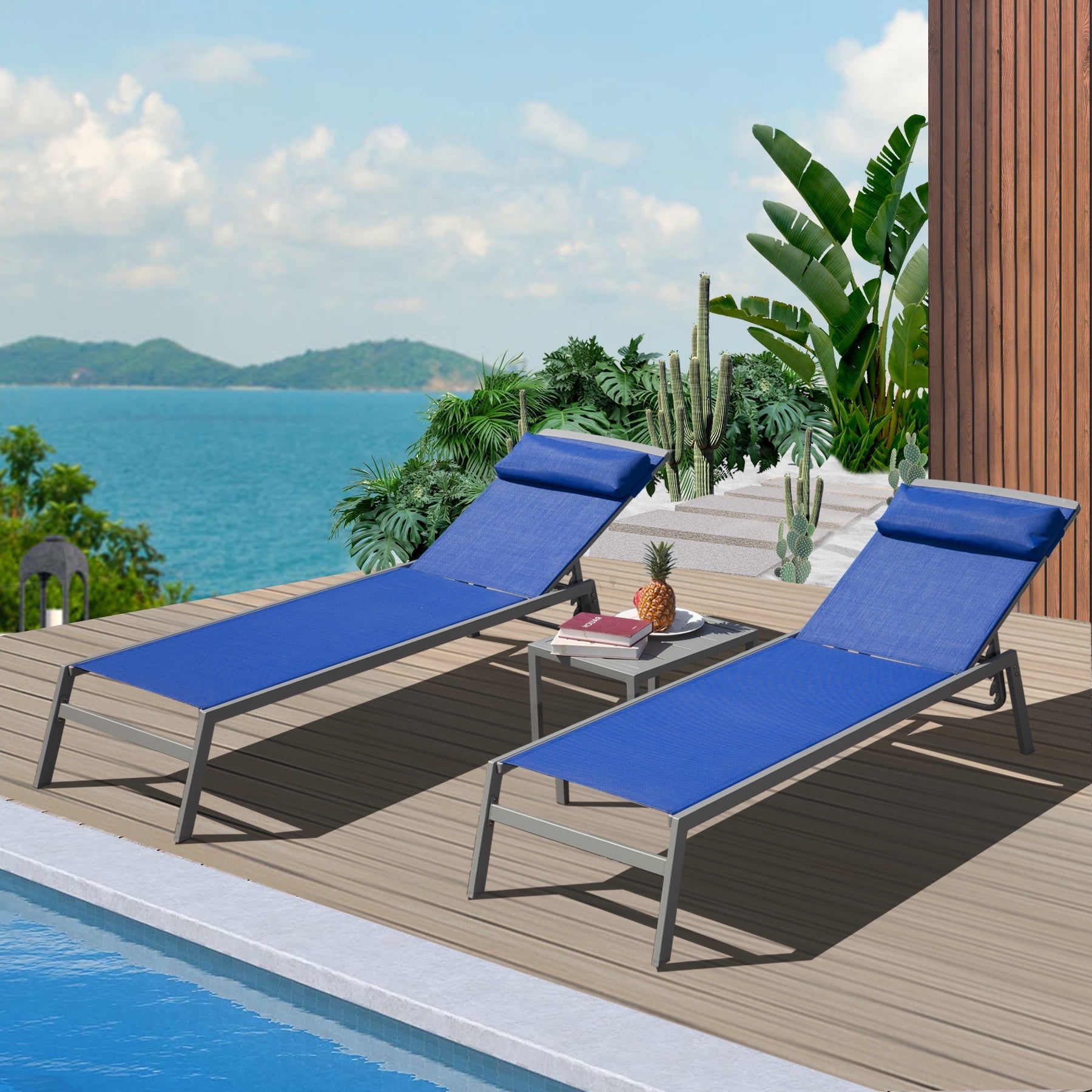 Domi Outdoor Living 3-Piece Patio Poolside Chaise Lounge Set, Steel ...