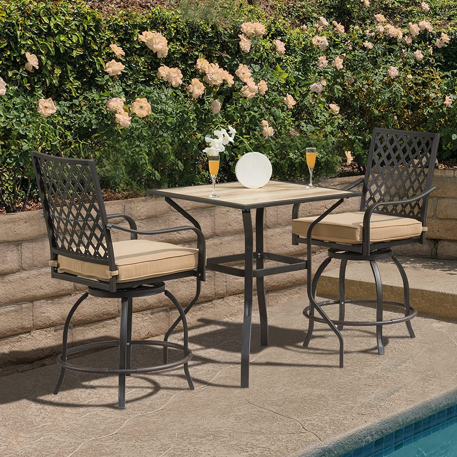 Domi Outdoor Living 3 Pieces Patio Bar Set with Swivels Bar Stools and ...