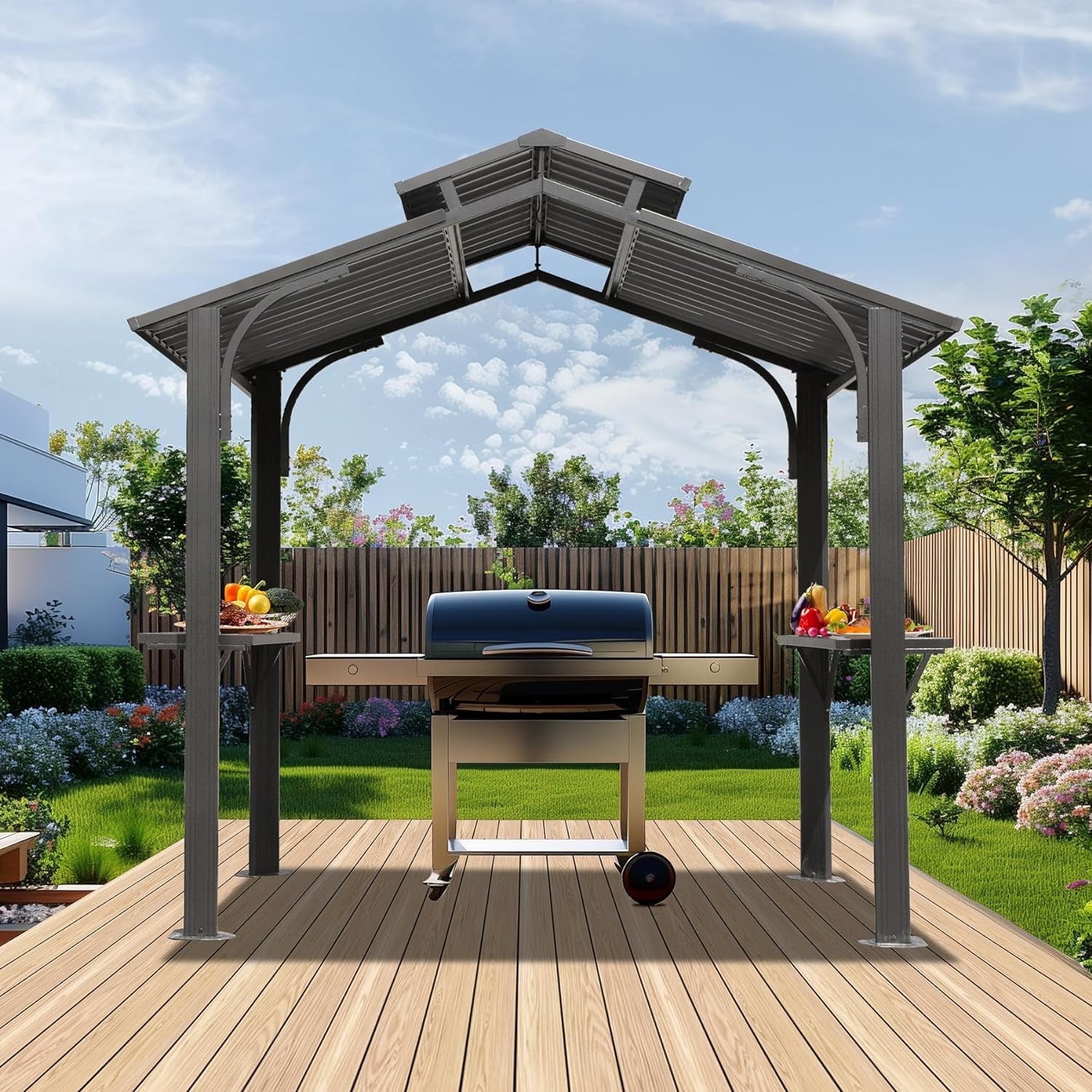 Domi BBQ Gazebo with Side Shelves, Double Roof Hardtop for Patio, Lawn ...
