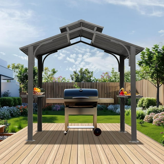 Domi BBQ Gazebo with Side Shelves, Double Roof Hardtop for Patio, Lawn ...