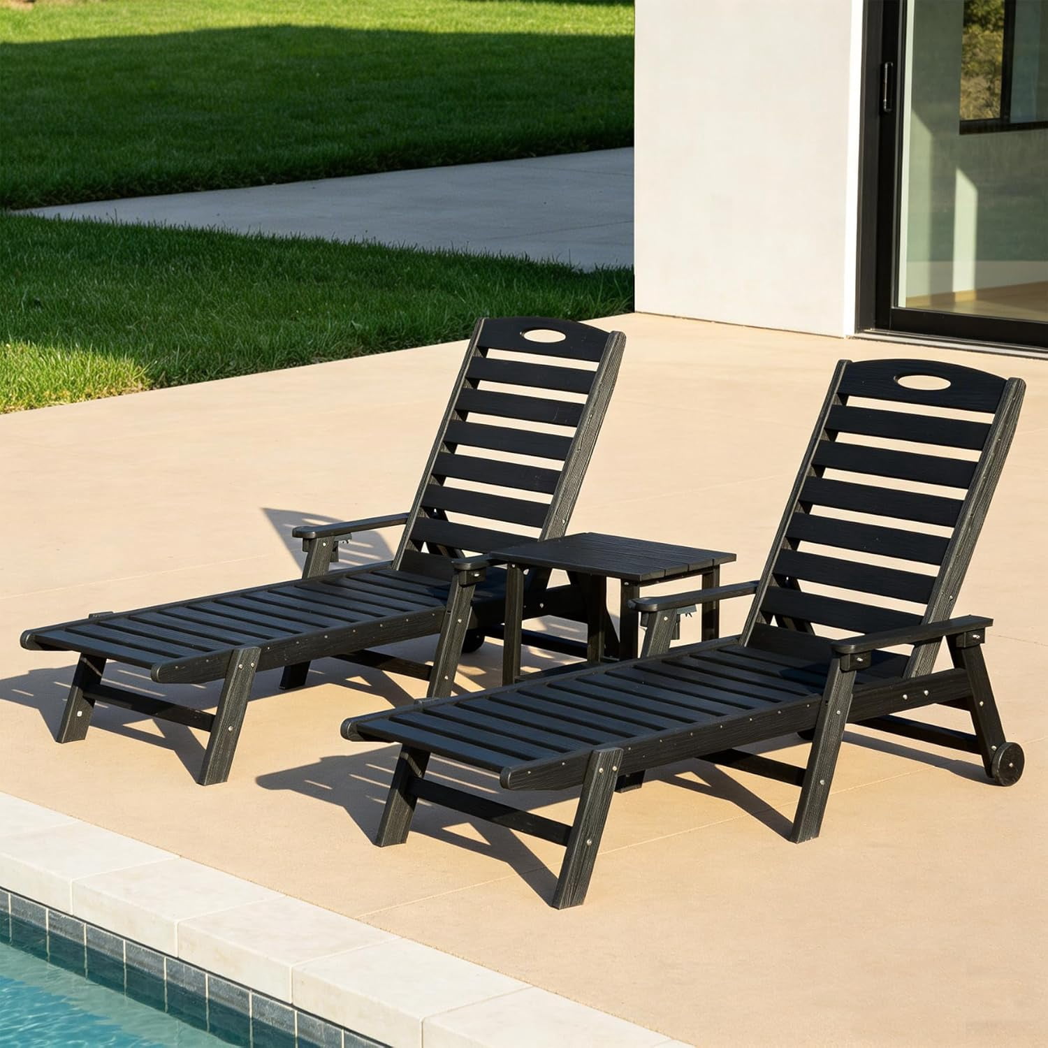 Domi Outdoor Patio Chaise Lounge Chair Set of 2 with Table, HDPE Pool ...