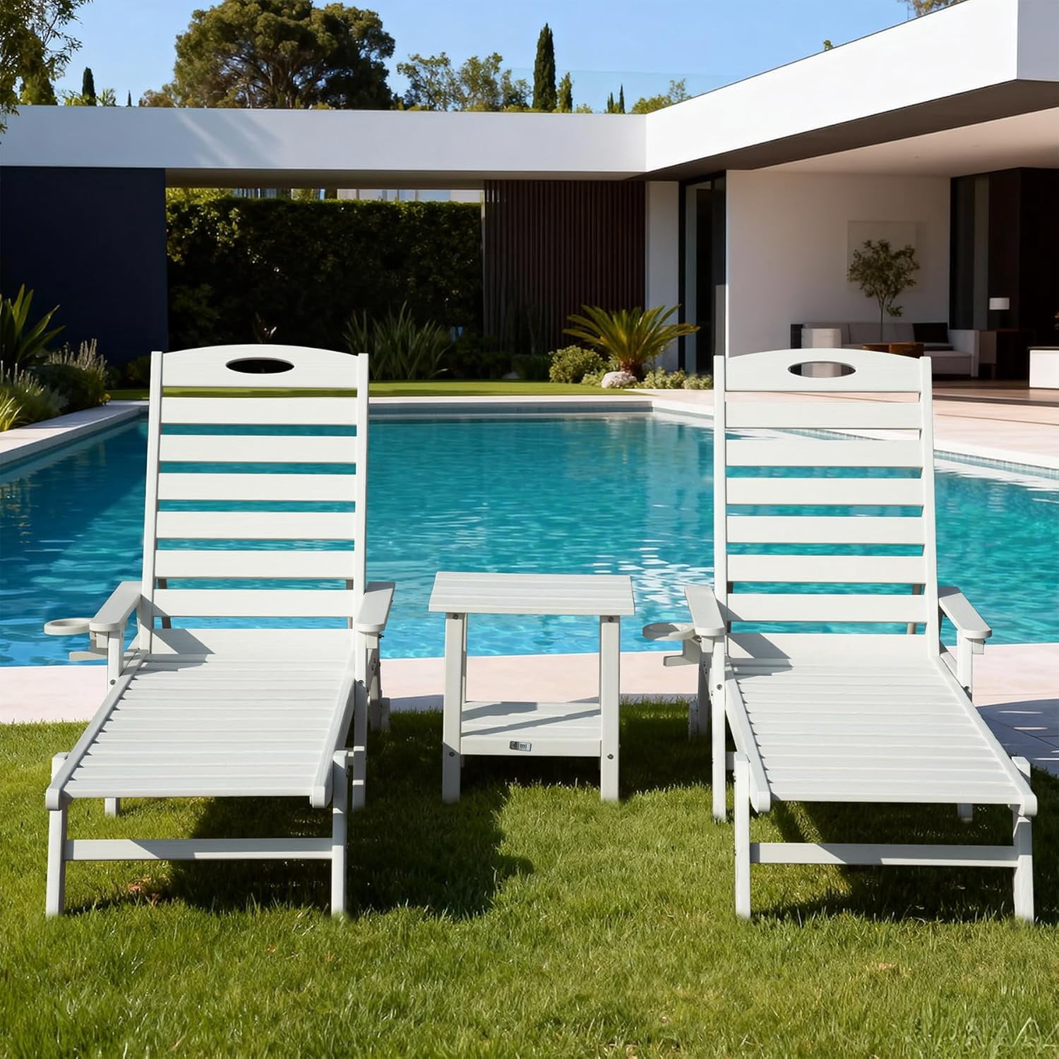 Domi Outdoor Patio Chaise Lounge Chair Set of 2 with Table, HDPE Pool ...