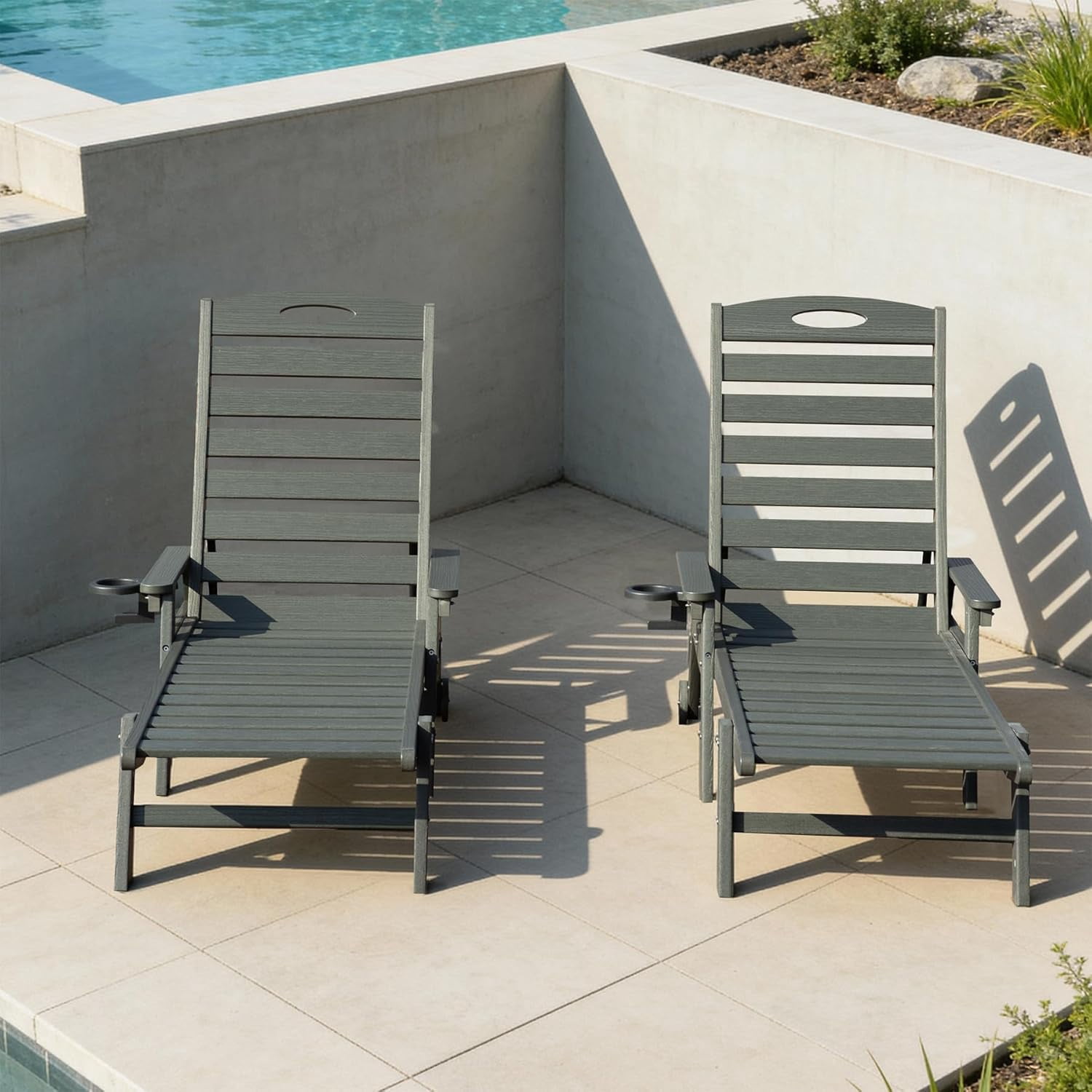 Domi Outdoor Patio Chaise Lounge Chair Set of 2, HDPE Pool Lounger with ...