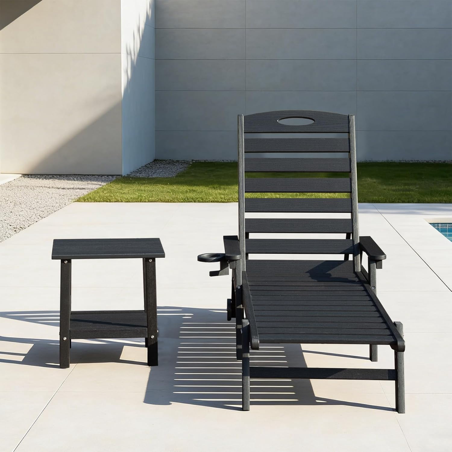 Domi Outdoor Patio Chaise Lounge Chair with Table, HDPE Pool Lounger ...