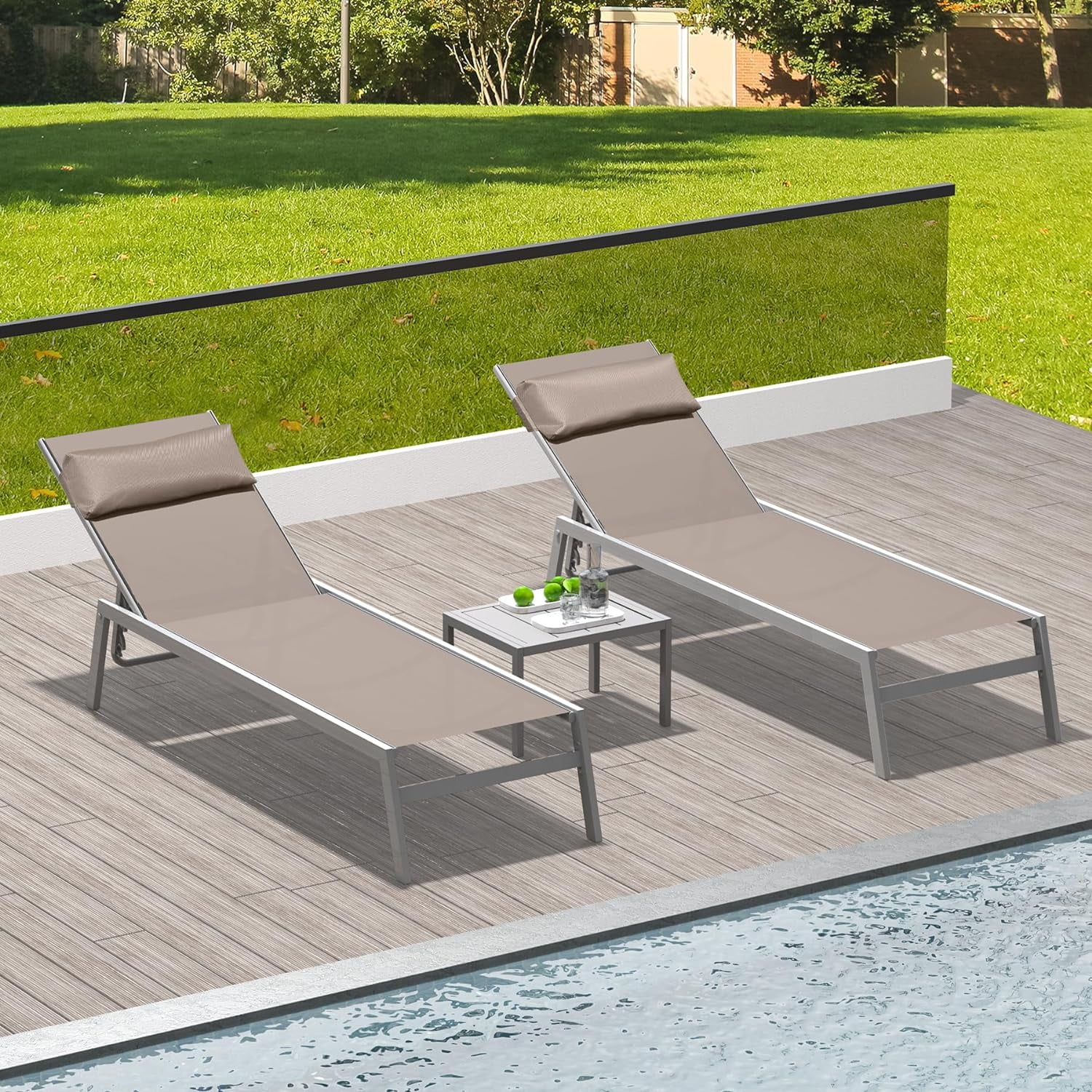 Domi Patio Chaise Lounge Set of 3,Aluminum Adjustable Pool Lounge ...