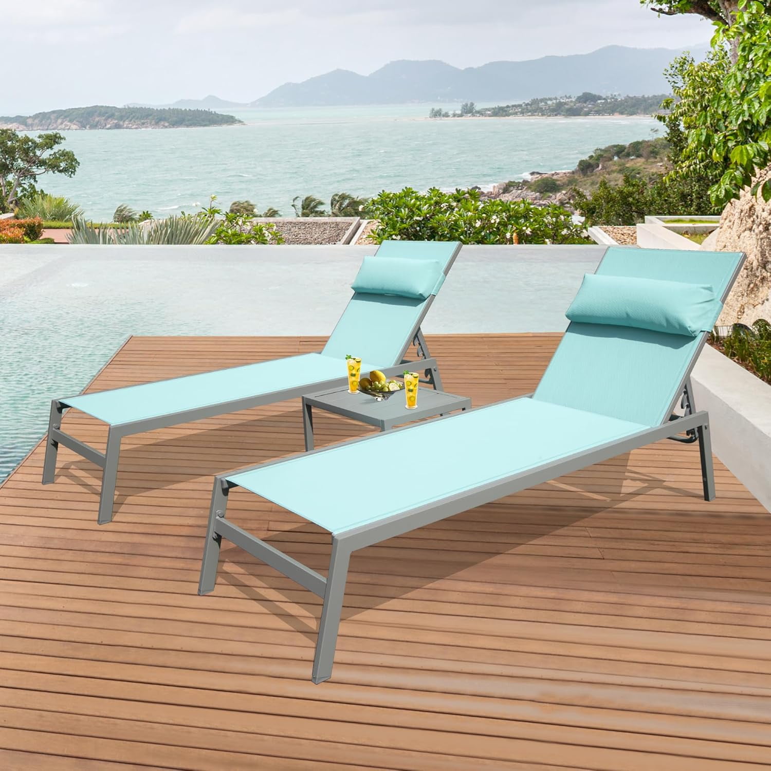 Domi Patio Chaise Lounge Set of 3, Aluminum Pool Lounge Chairs with ...