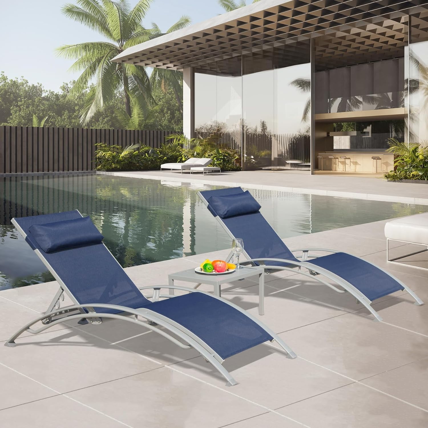 Domi Pool Lounge Chair Set of 3, Outdoor Chaise Lounge with Side Table ...