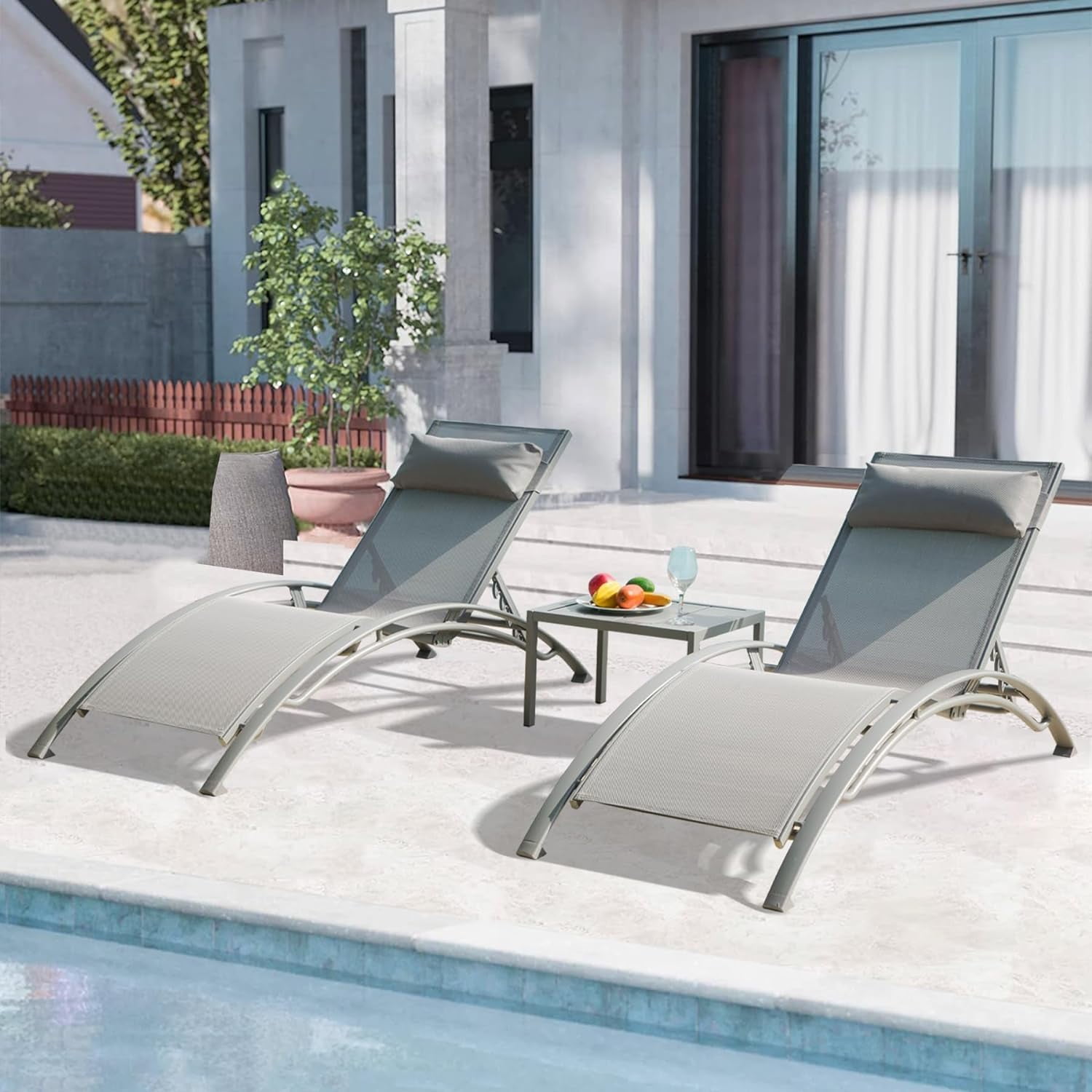 Domi Pool Lounge Chair Set of 3, Outdoor Chaise Lounge with Side Table ...