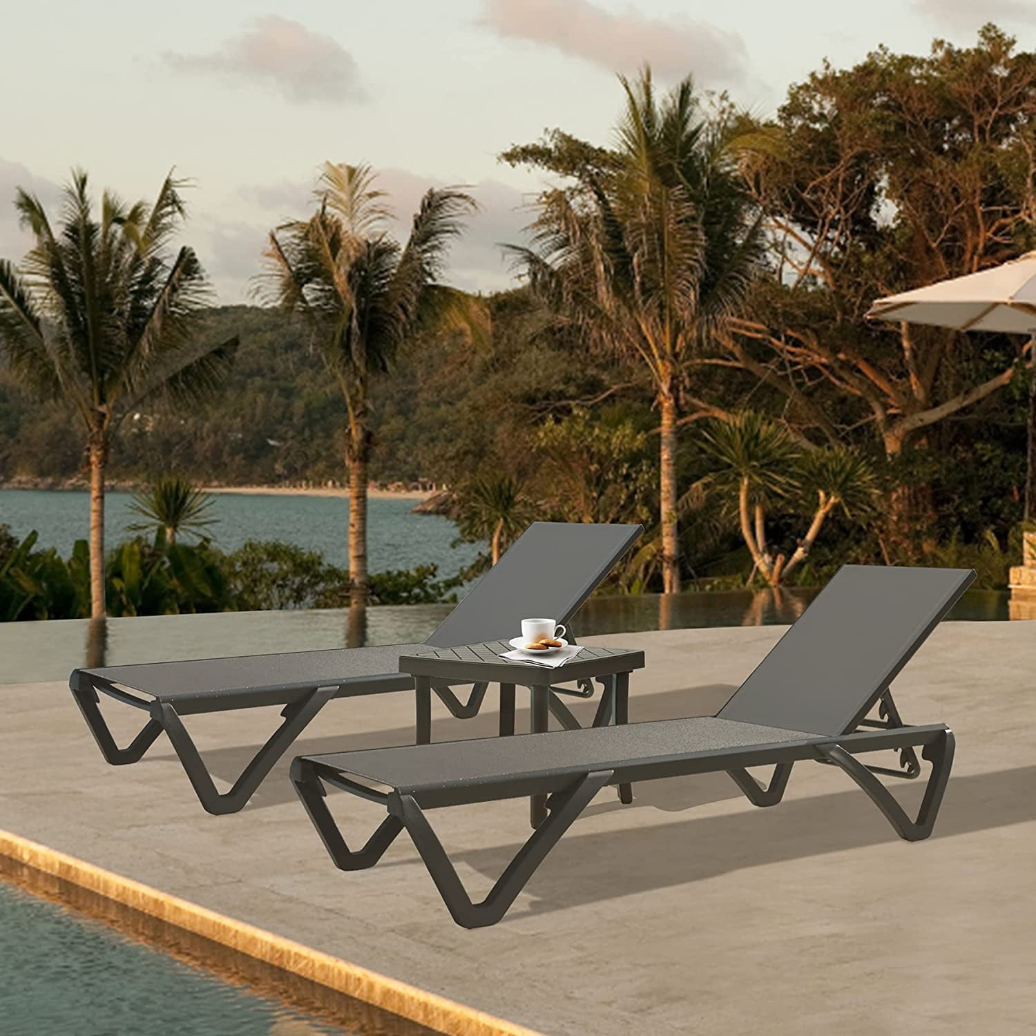 Domi Pool Lounge Chairs, Aluminum Patio Chaise Lounge with Side Table ...
